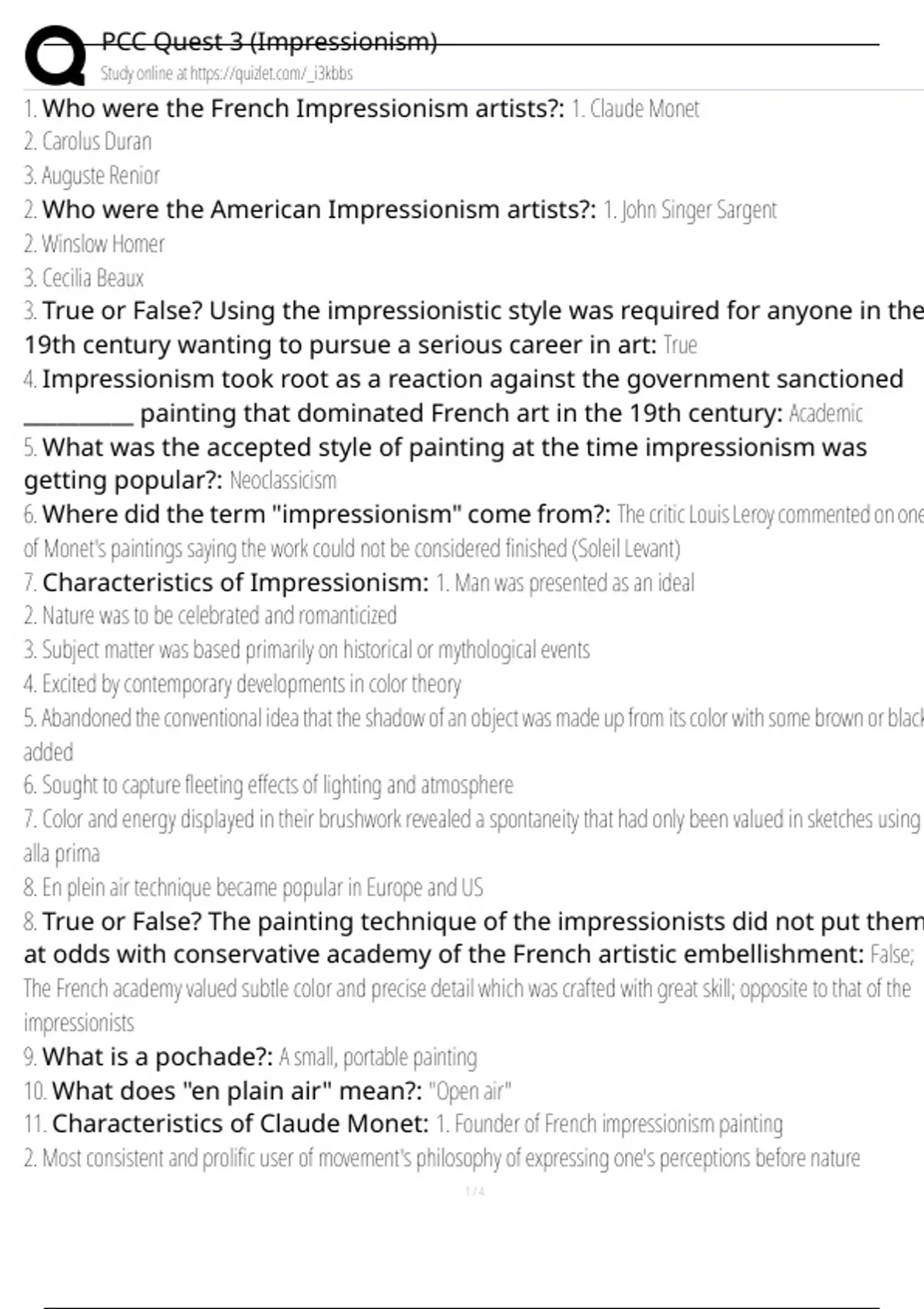 PCC Quest 3 (Impressionism) Exam Questions and Answers 100% Pass ...