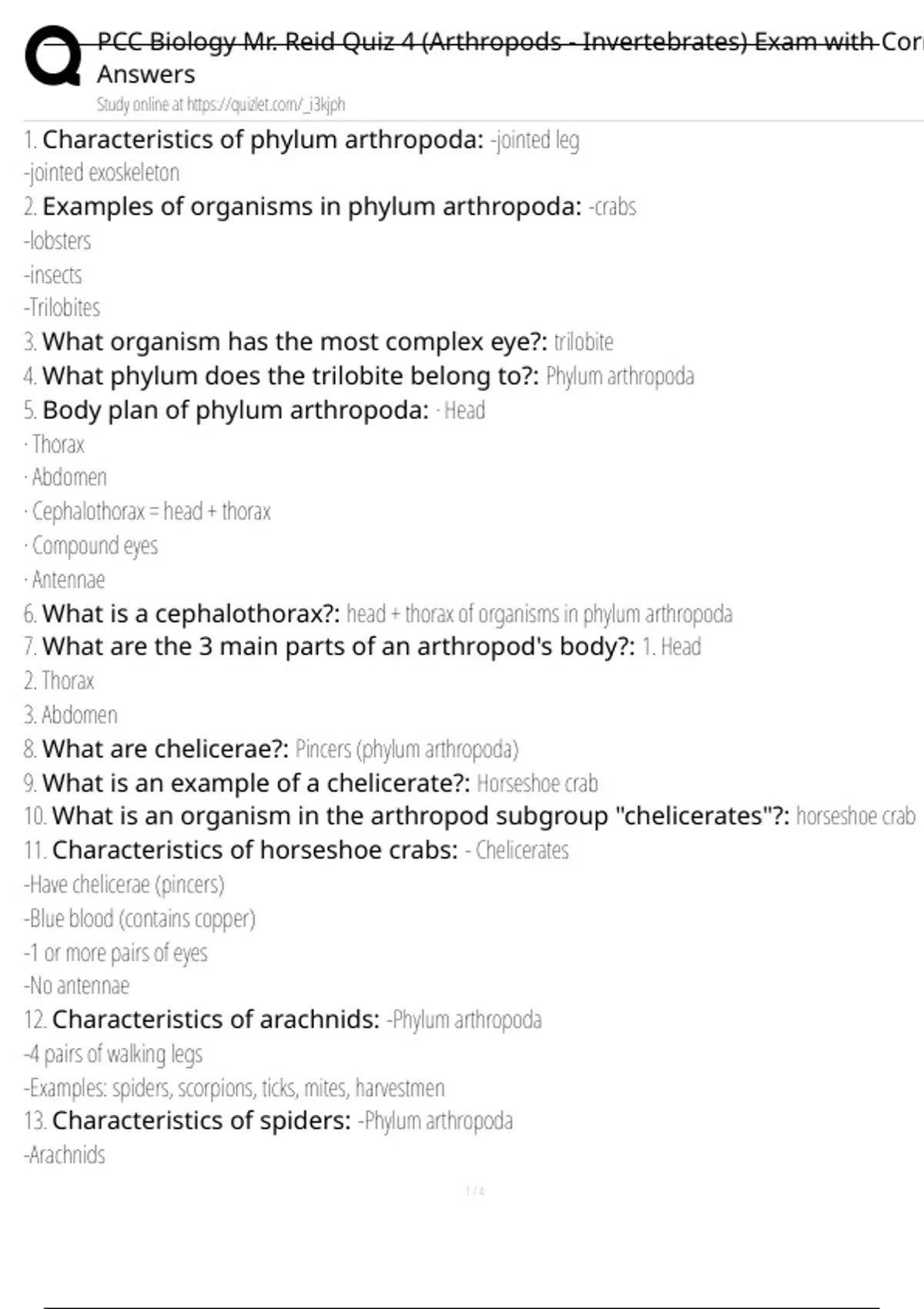 PCC Biology Mr. Reid Quiz 4 (Arthropods - Invertebrates) Exam with ...