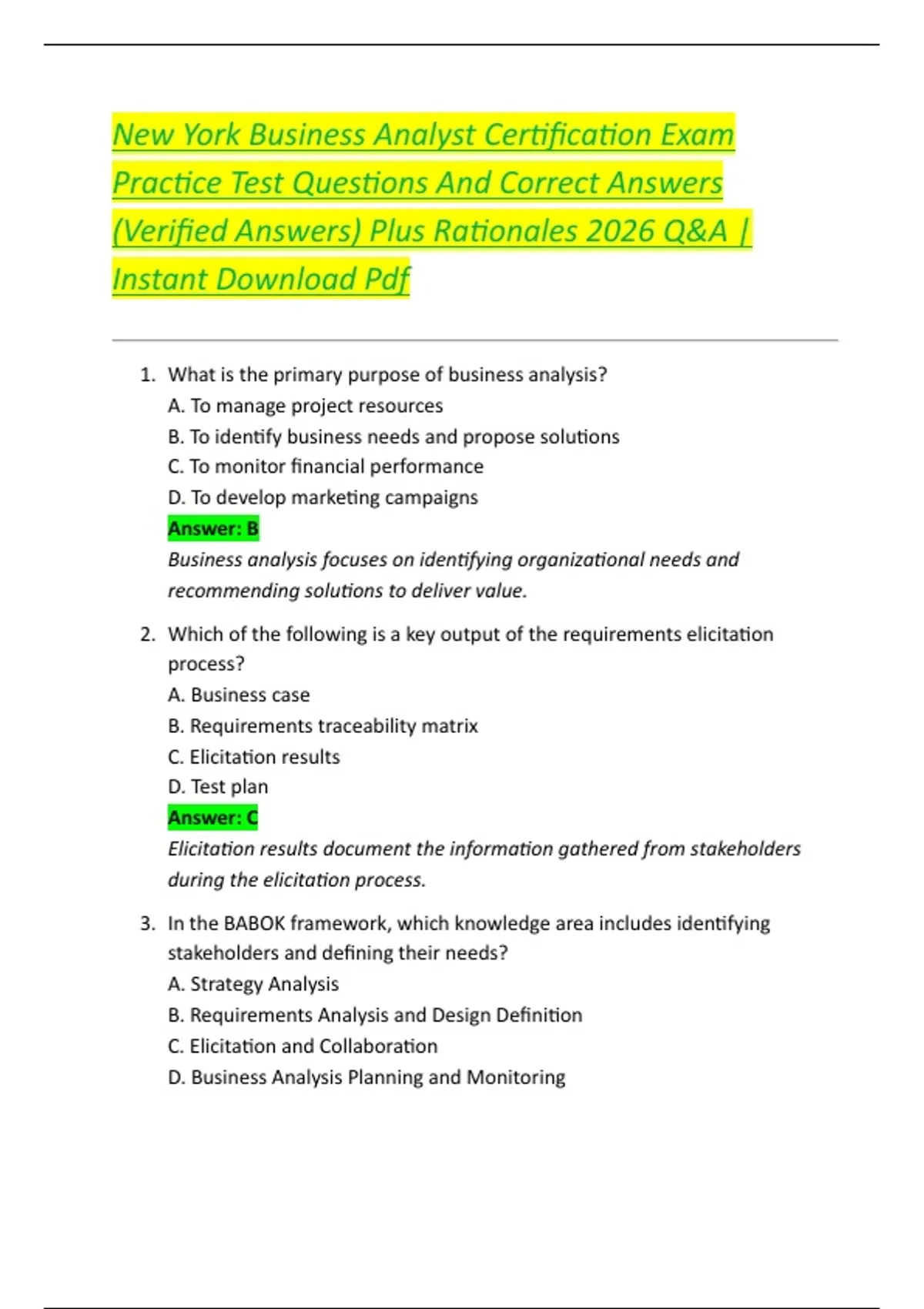 New York Business Analyst Certification Exam Practice Test Questions ...