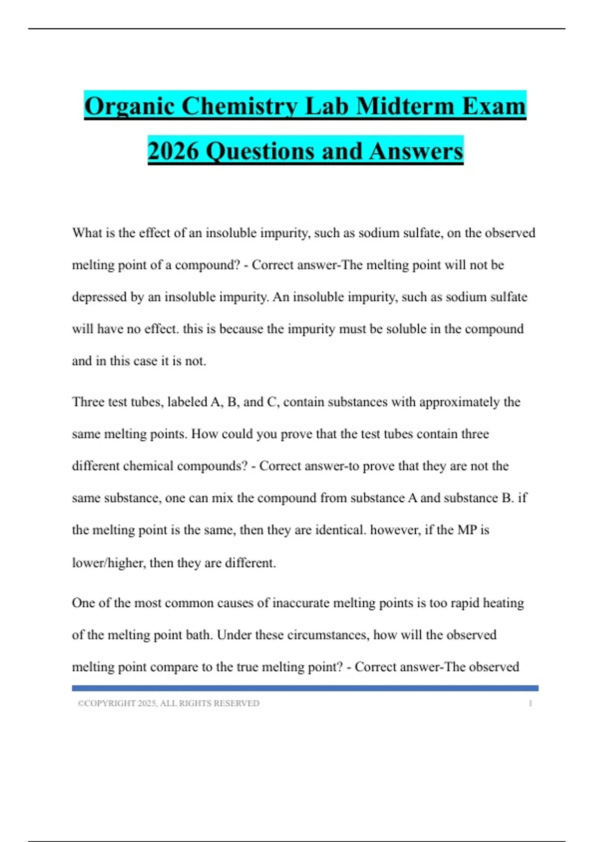 Organic Chemistry Lab Midterm Exam 2026 Questions and Answers - Organic ...