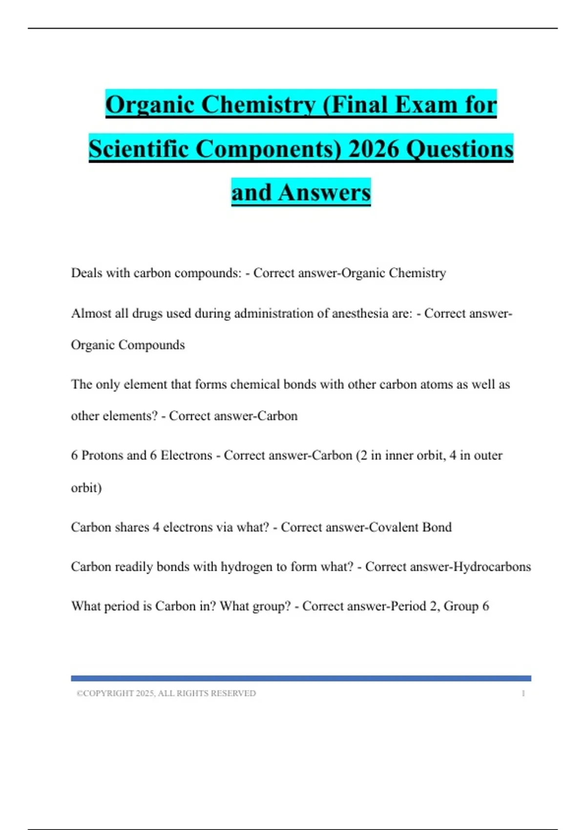 Organic Chemistry (Final Exam for Scientific Components) 2026 Questions ...