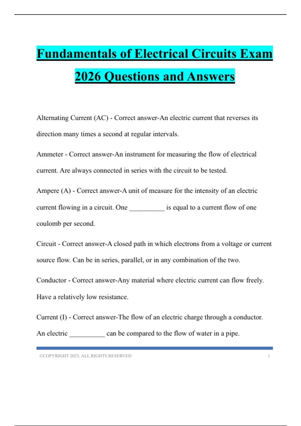Fundamentals of electrical circuits Bundled Tests 2026 Questions and ...