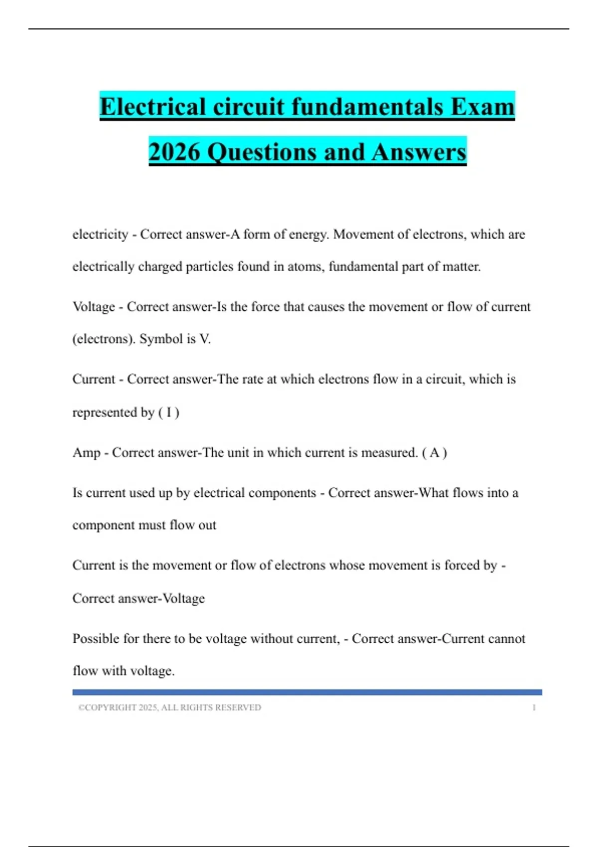 Electrical circuit fundamentals Exam 2026 Questions and Answers ...