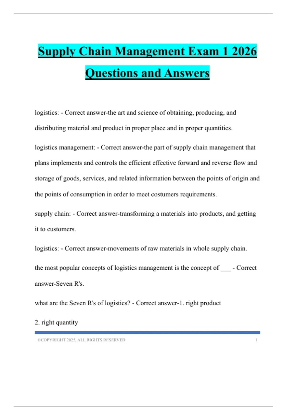 Supply Chain Management Exam 1 2026 Questions and Answers - Supply ...