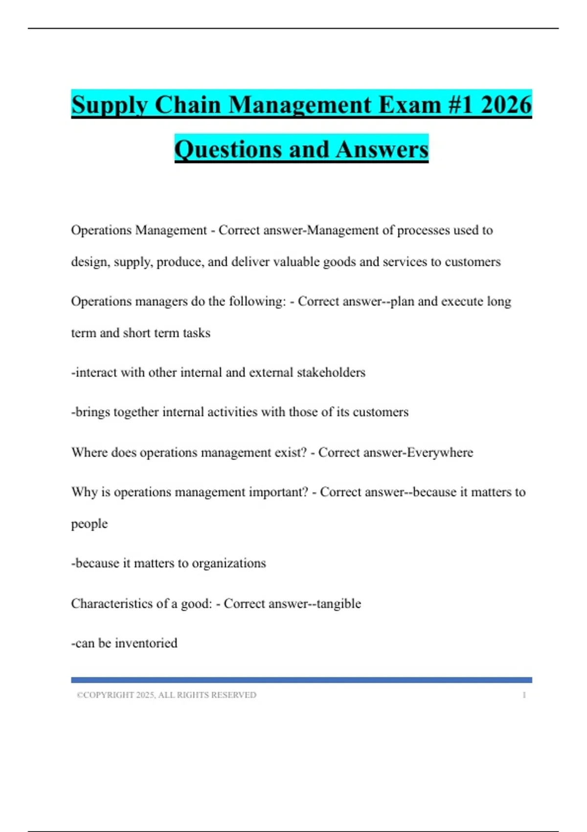 Supply Chain Management Exam #1 2026 Questions and Answers - Supply ...