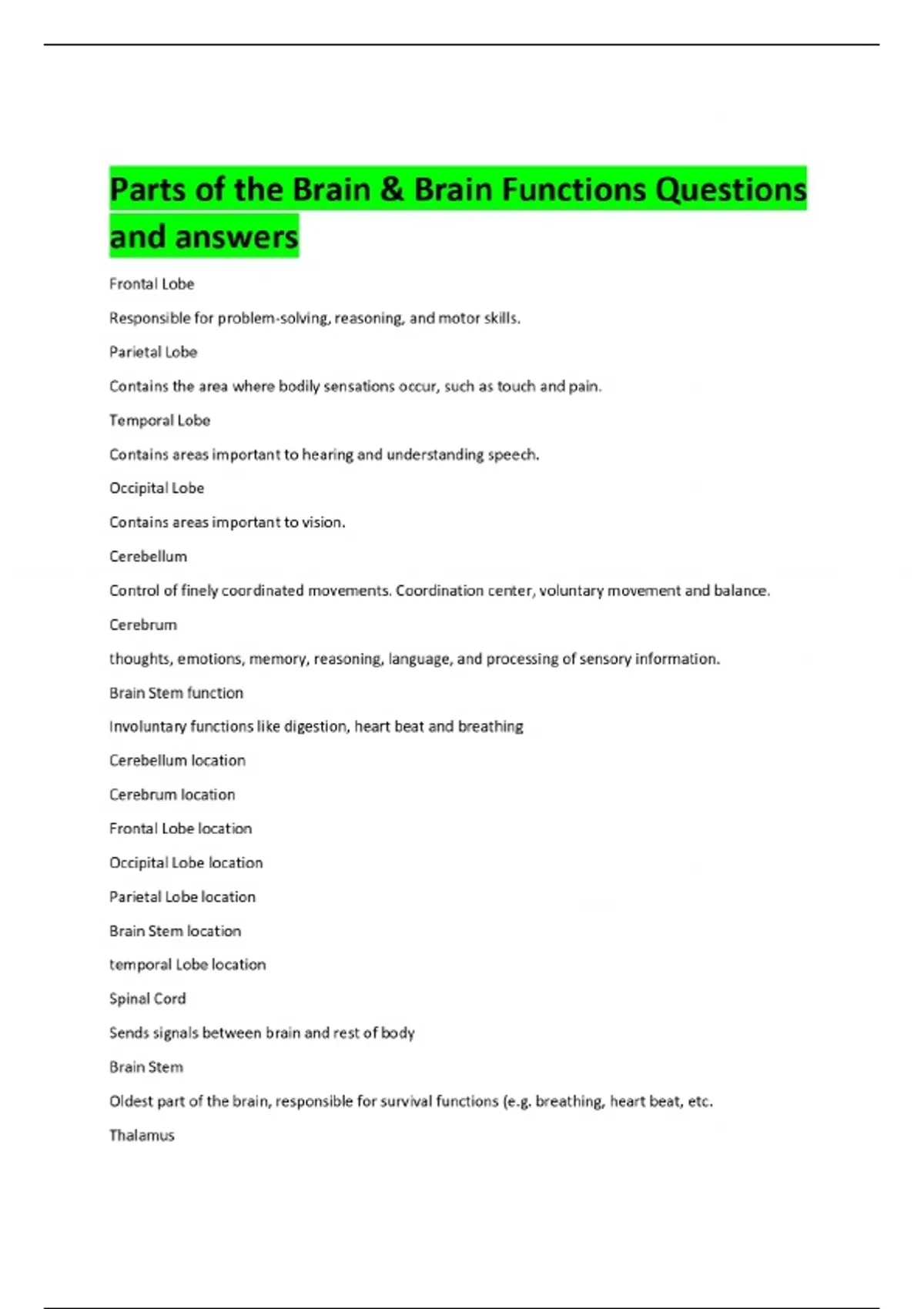 Parts of the Brain & Brain Functions Questions and answers - Parts of ...