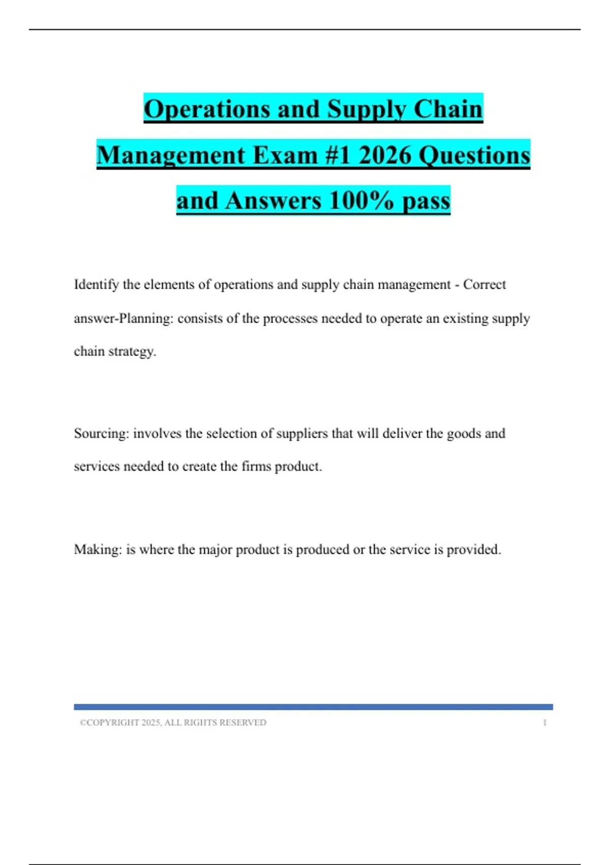Operations and Supply Chain Management Exam #1 2026 Questions and ...