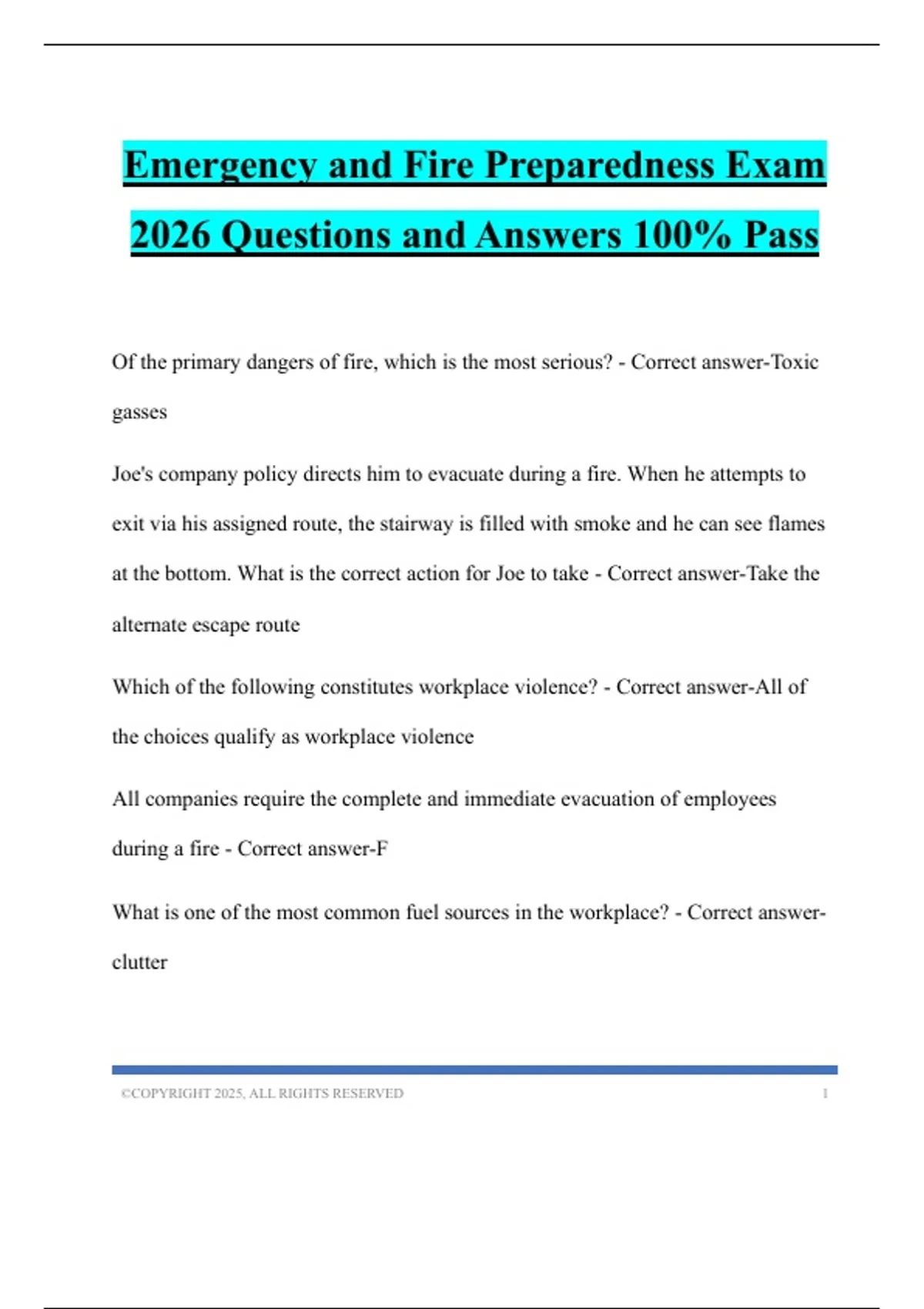 Emergency and Fire Preparedness Exam 2026 Questions and Answers 100% ...