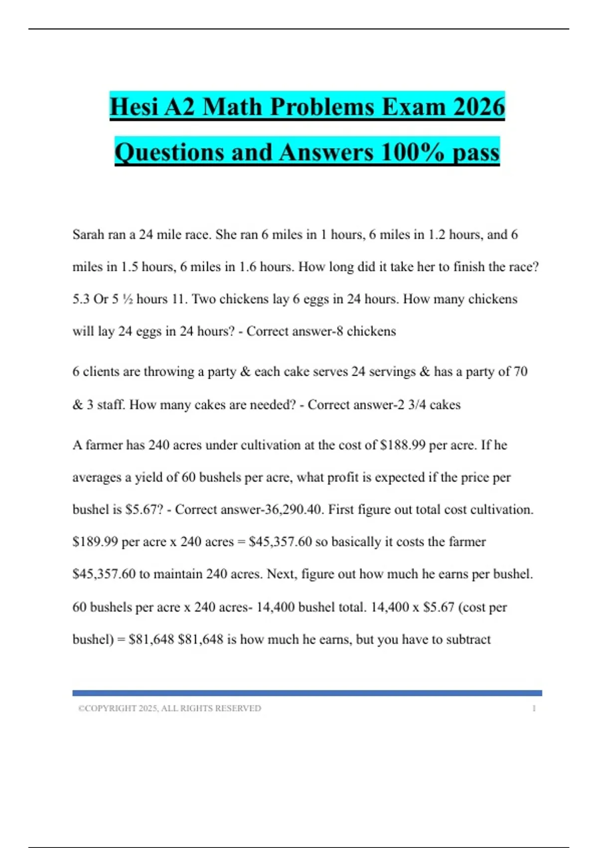 Hesi A2 Math Problems Exam 2026 Questions and Answers 100% pass - HESI ...
