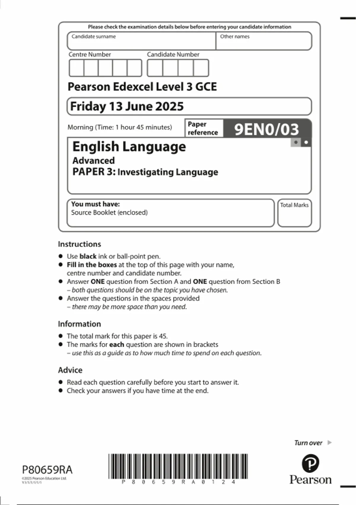 2025 Pearson Edexcel A LEVEL English Language PAPER 3 QUESTION PAPER ...
