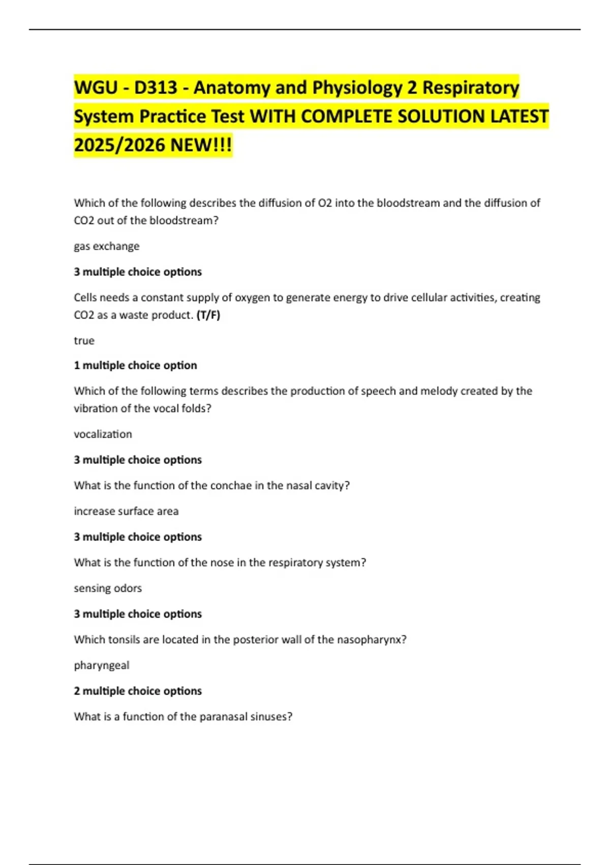 WGU - D313 - Anatomy and Physiology 2 Respiratory System Practice Test ...