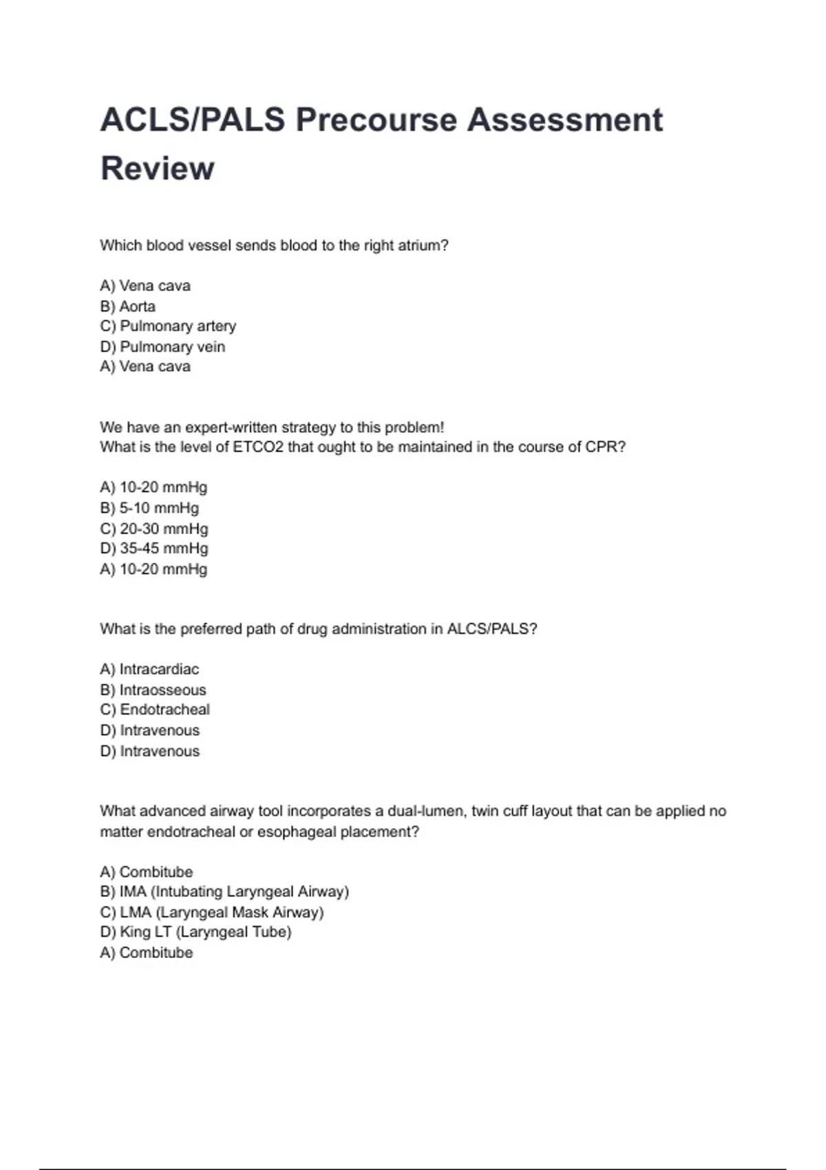 ACLS/PALS Precourse Assessment Review NEWEST 2026/2027 ACTUAL EXAM ...