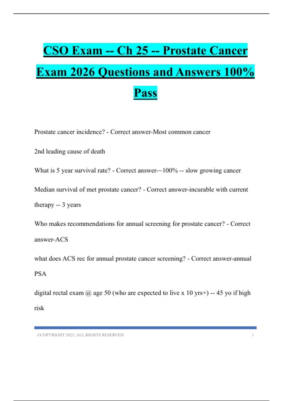 CSO Exam -- Ch 25 -- Prostate Cancer Exam 2026 Questions and Answers ...