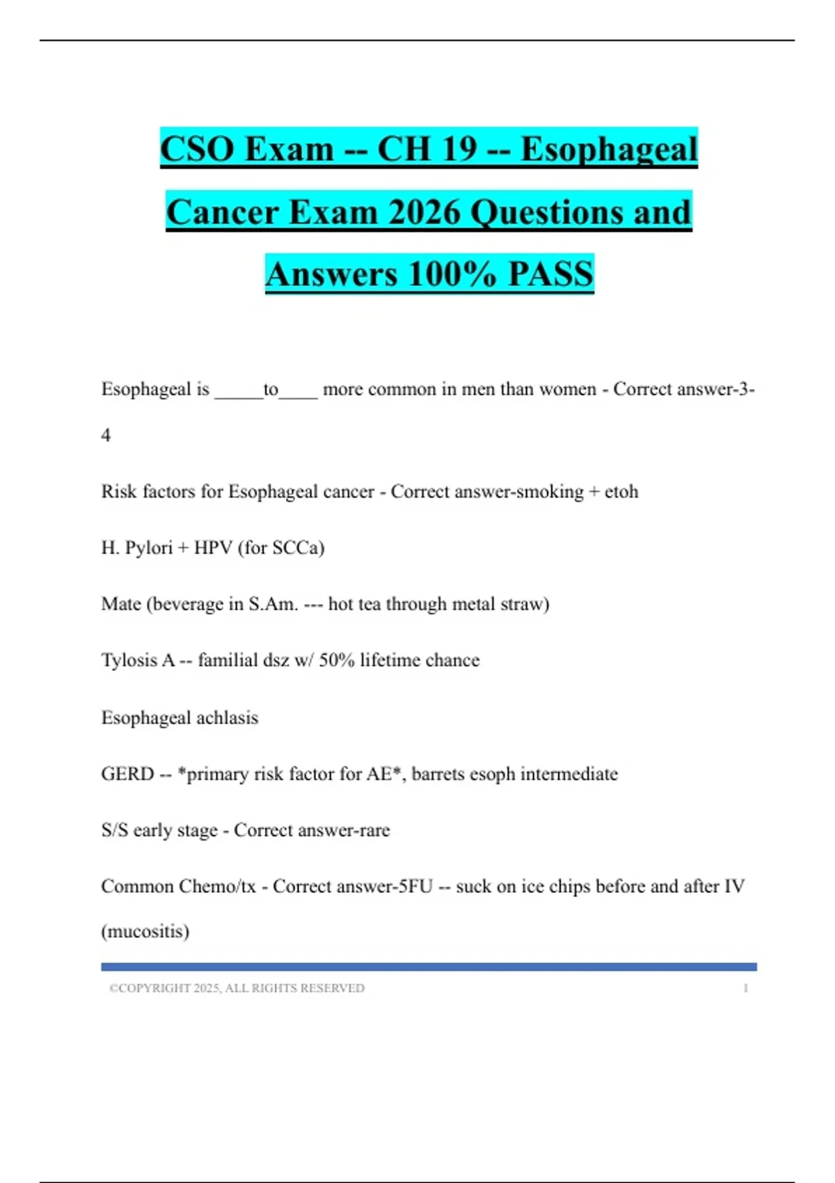 CSO Exam -- CH 19 -- Esophageal Cancer Exam 2026 Questions and Answers ...
