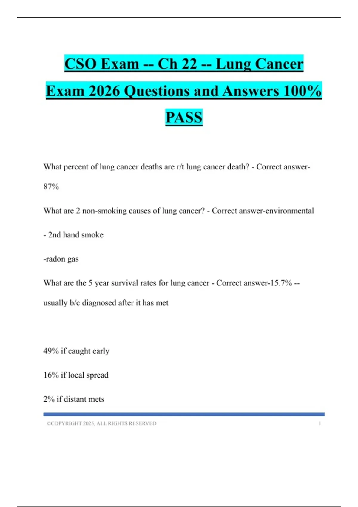 CSO Exam -- Ch 22 -- Lung Cancer Exam 2026 Questions and Answers 100% ...