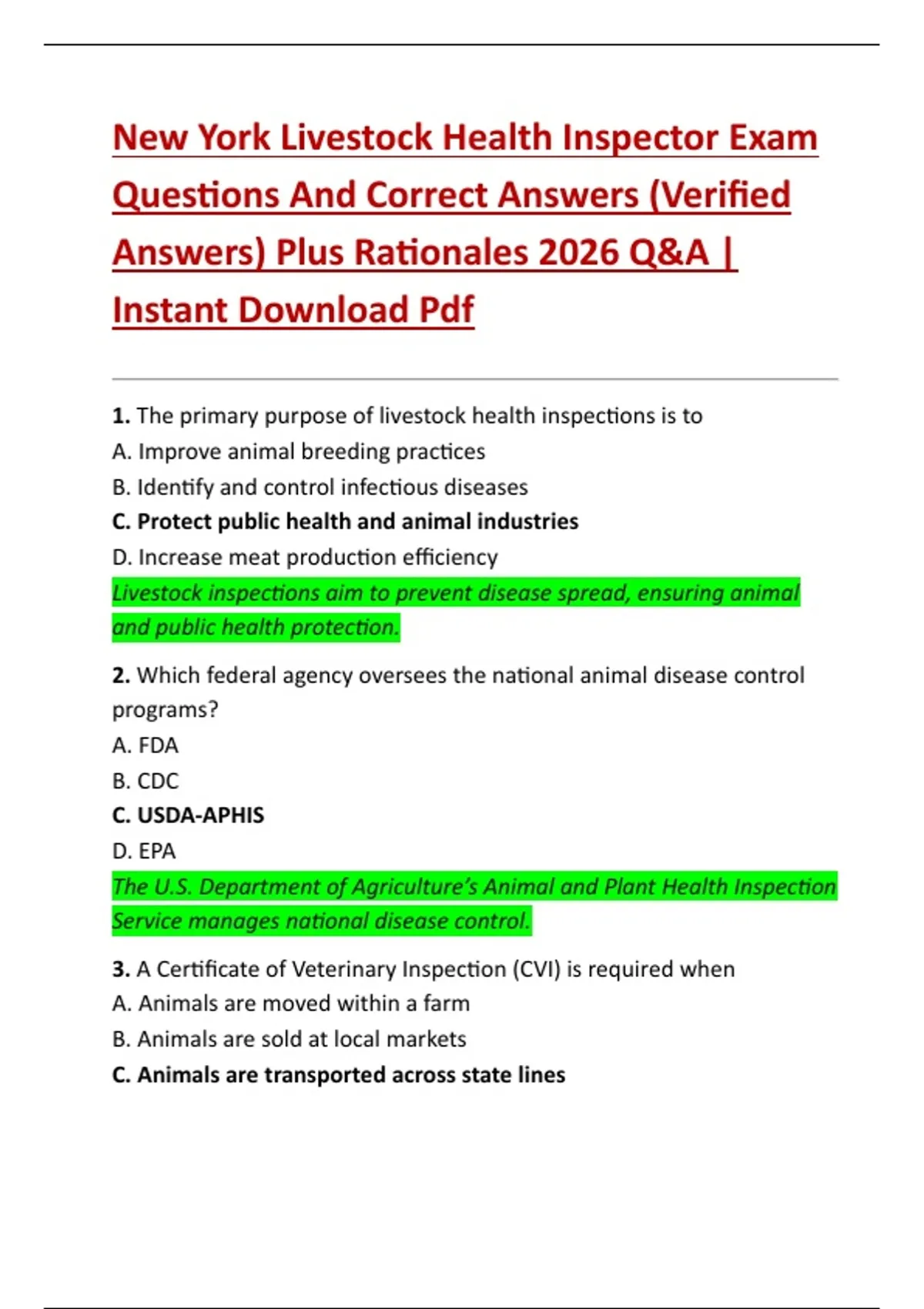 New York Livestock Health Inspector Exam Questions And Correct Answers ...