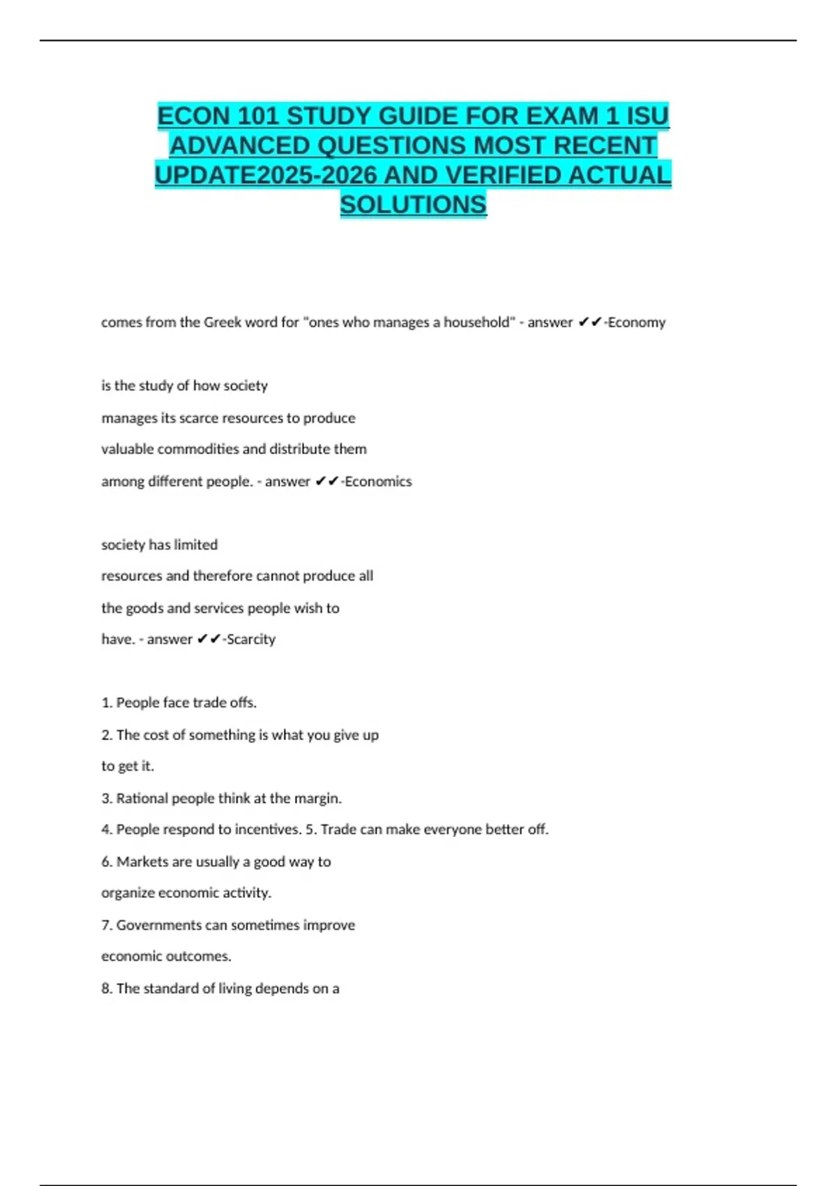 ECON 101 STUDY GUIDE FOR EXAM 1 ISU ADVANCED QUESTIONS MOST RECENT ...