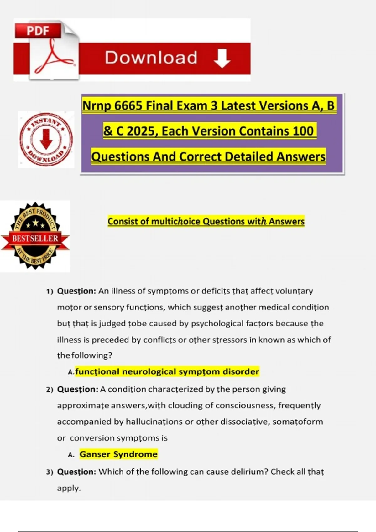NRNP 6665 FINAL EXAM 3 LATEST VERSIONS A, B & C 2025,EACH VERSION ...
