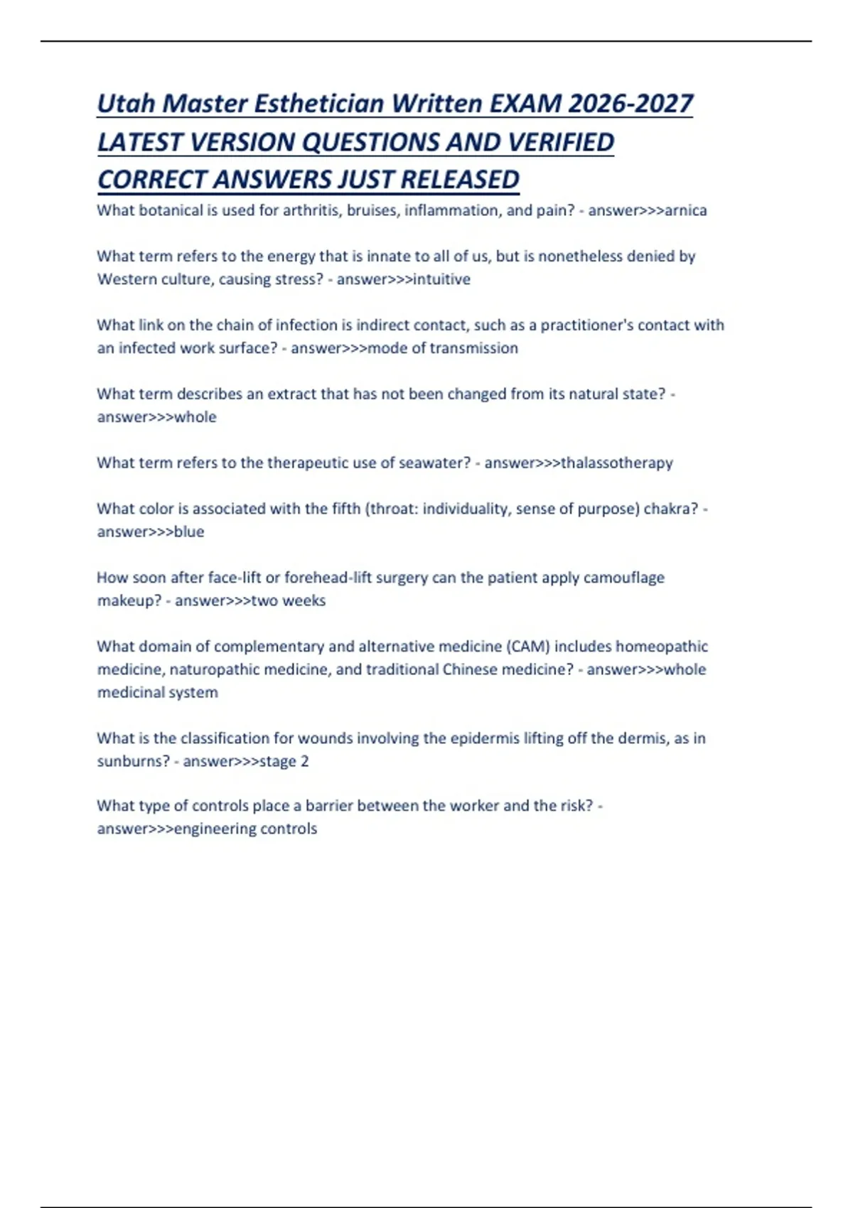 Utah DOPL Master Esthetician Written EXAM LATEST VERSION QUESTIONS AND ...