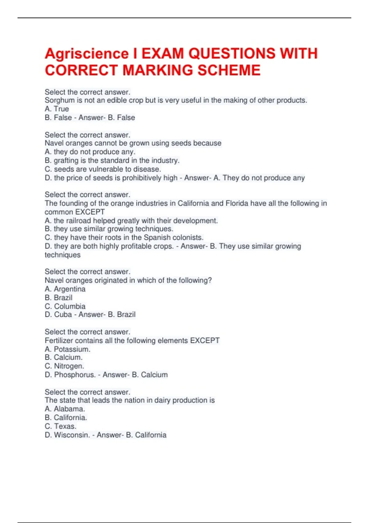Agriscience I EXAM QUESTIONS WITH CORRECT MARKING SCHEME - Agriscience ...