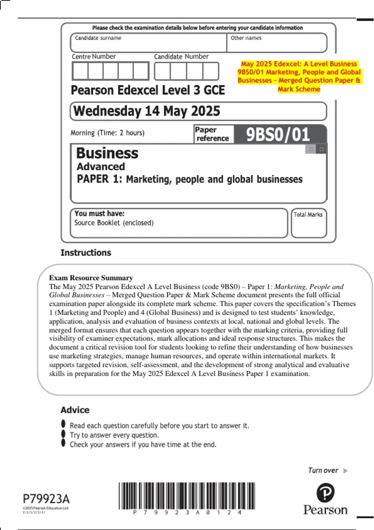May 2025 Edexcel: A Level Business 9BS0/01 Marketing, People and Global ...