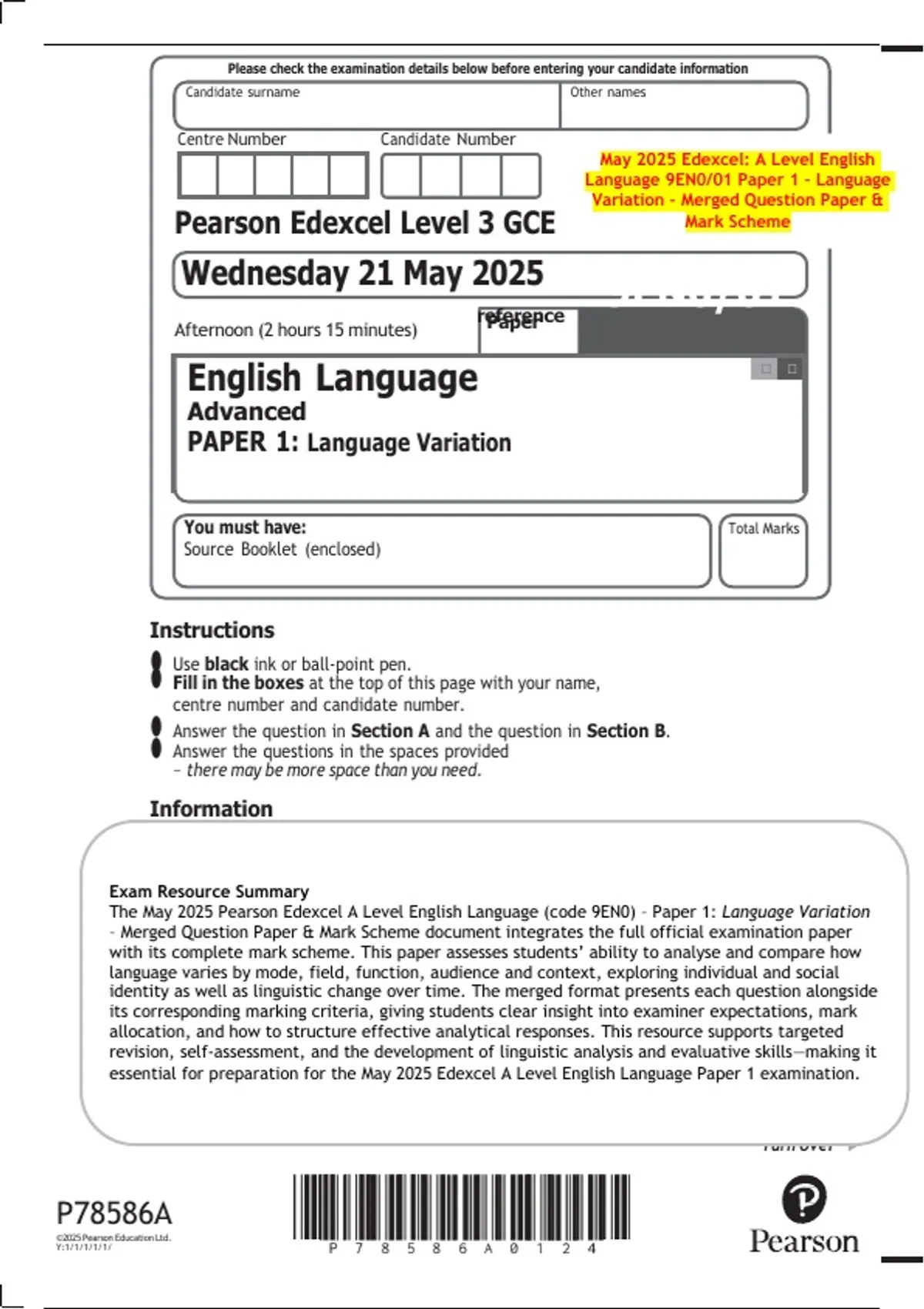 May 2025 Edexcel: A Level English Language 9EN0/01 Paper 1 – Language ...