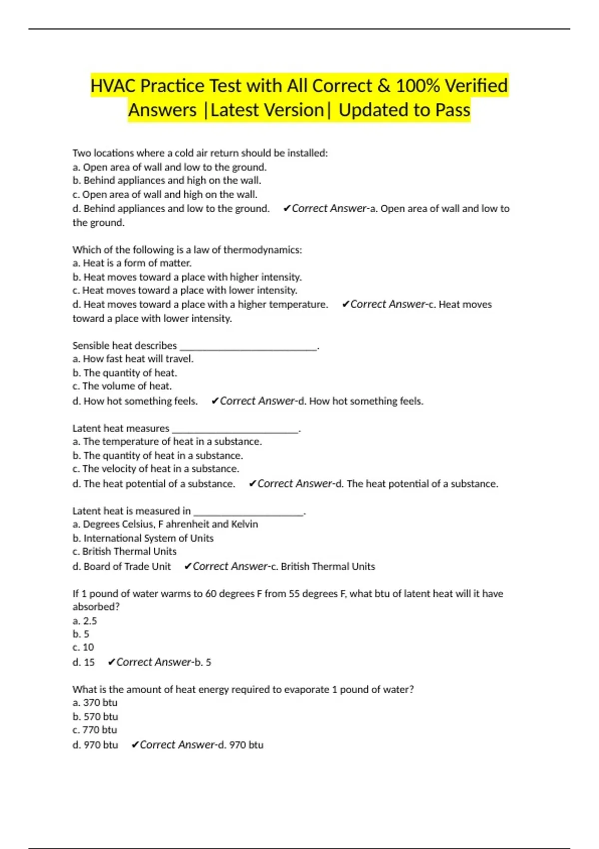HVAC Practice Test with All Correct & 100% Verified Answers |Latest ...
