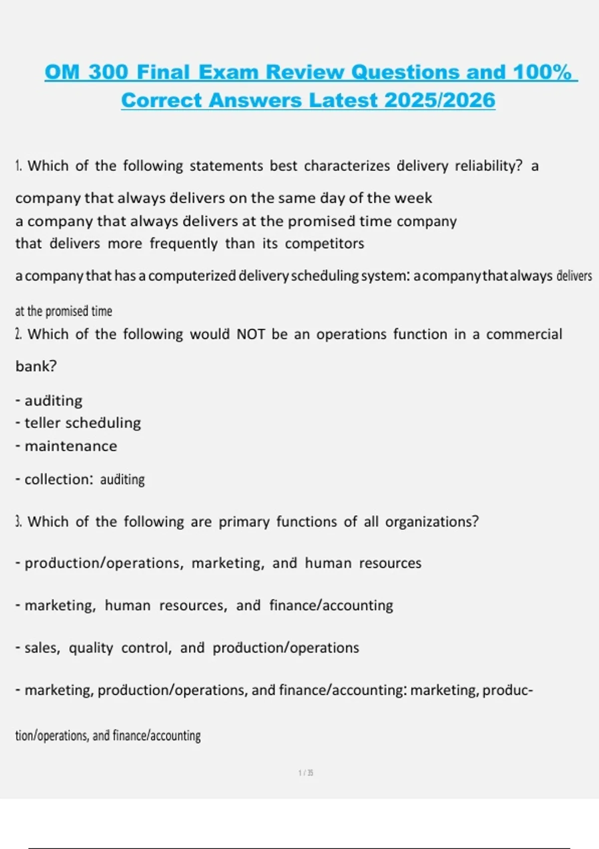 OM 300 – Final Exam Review Questions and 100% Correct Answers (Latest ...