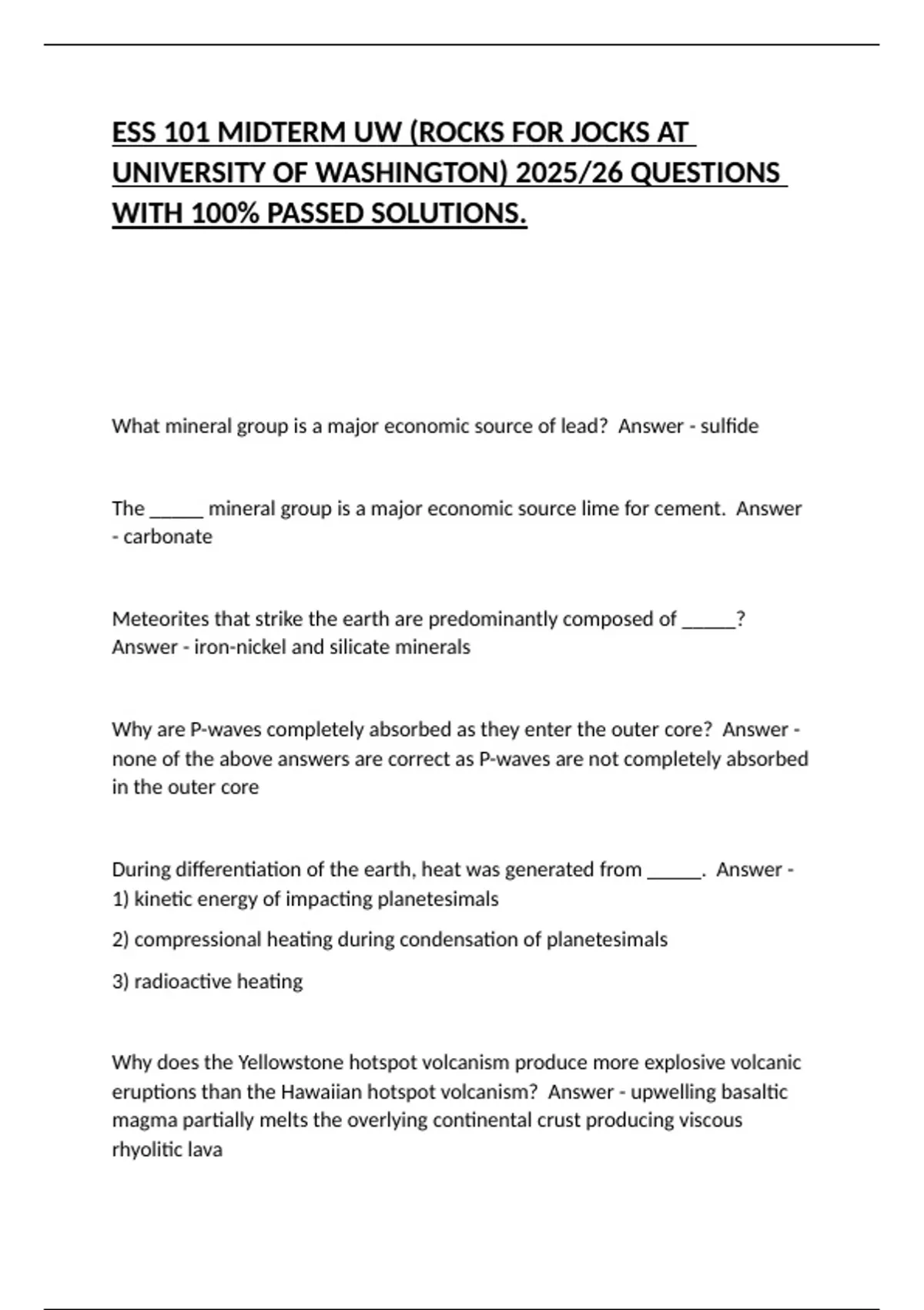 ESS 101 MIDTERM UW (ROCKS FOR JOCKS AT UNIVERSITY OF WASHINGTON) 2025/ ...