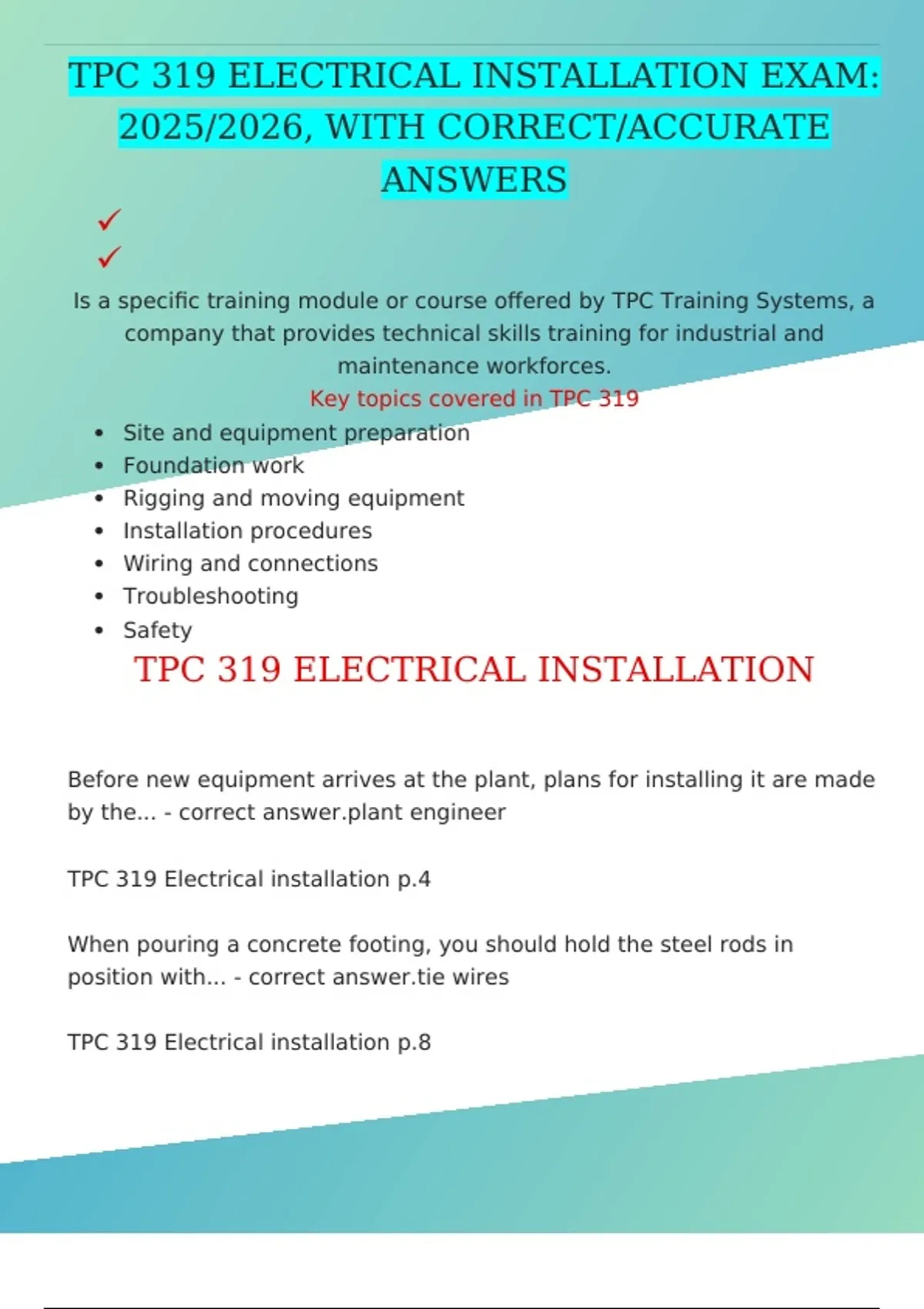 TPC 319 ELECTRICAL INSTALLATION EXAM: 2025/2026, WITH CORRECT/ACCURATE ...