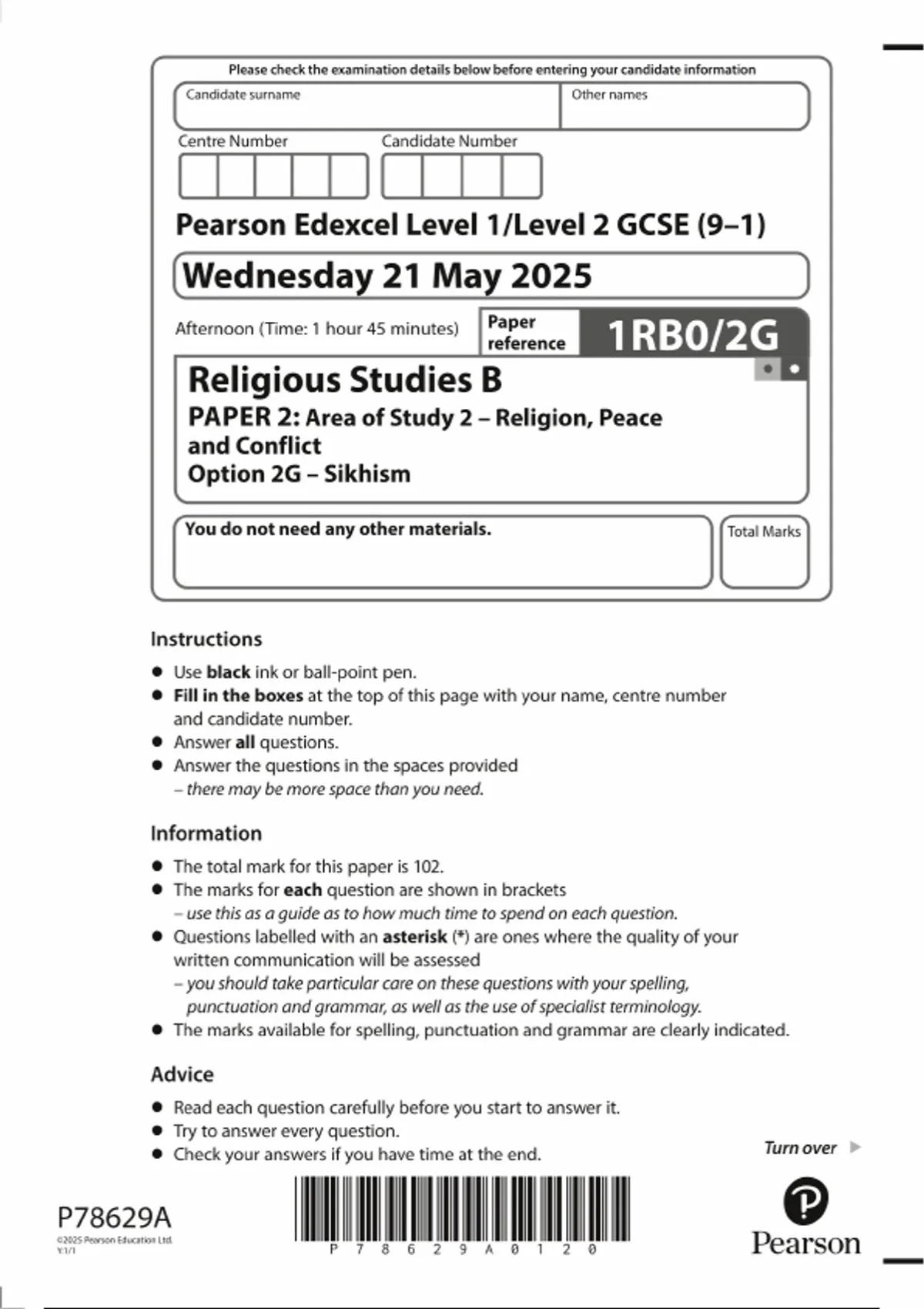 2025 Pearson Edexcel GCSE Religious Studies B Paper 2 (1RB0/2G: Sikhism ...