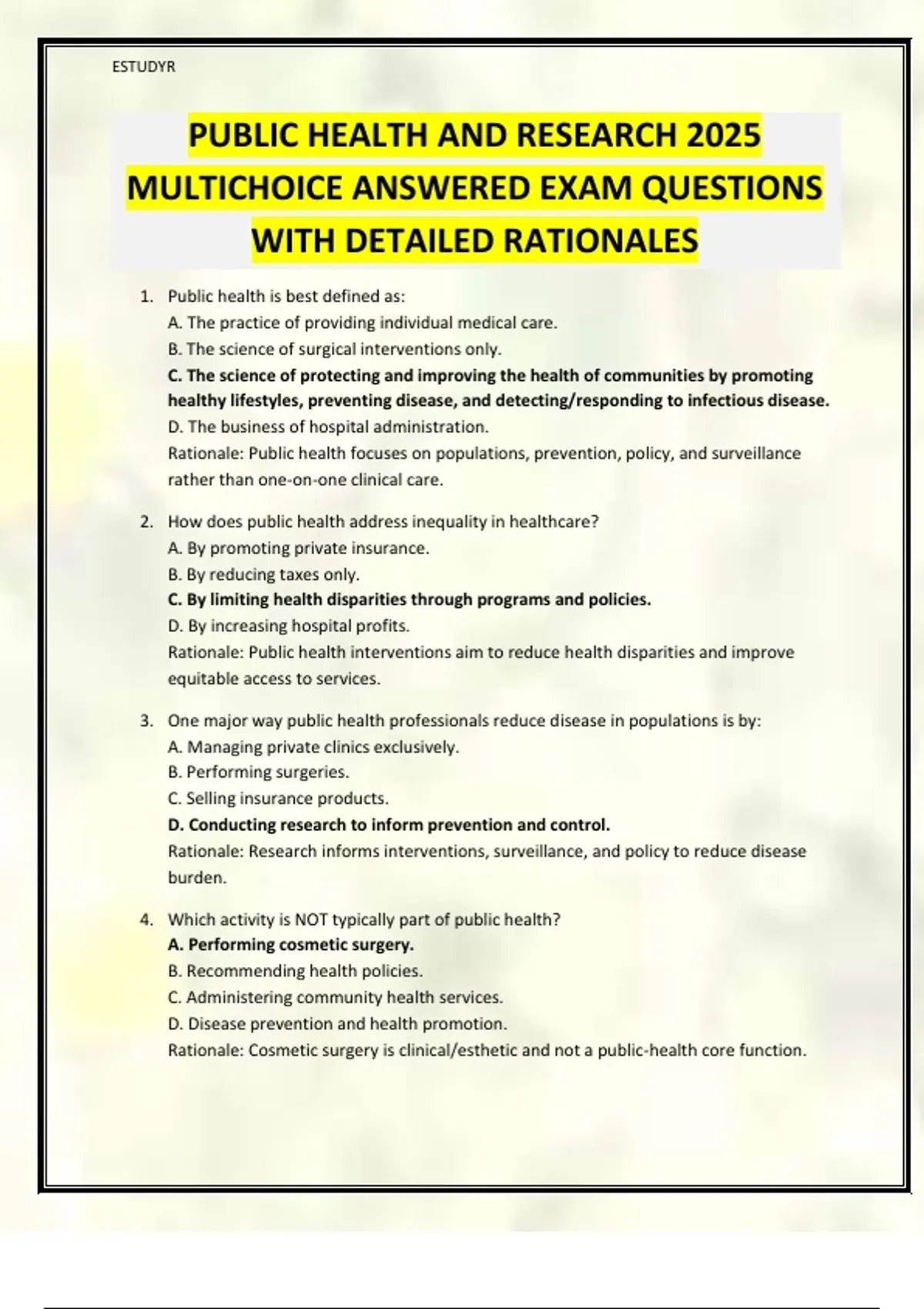 PUBLIC HEALTH AND RESEARCH 2025 MULTICHOICE ANSWERED EXAM QUESTIONS ...