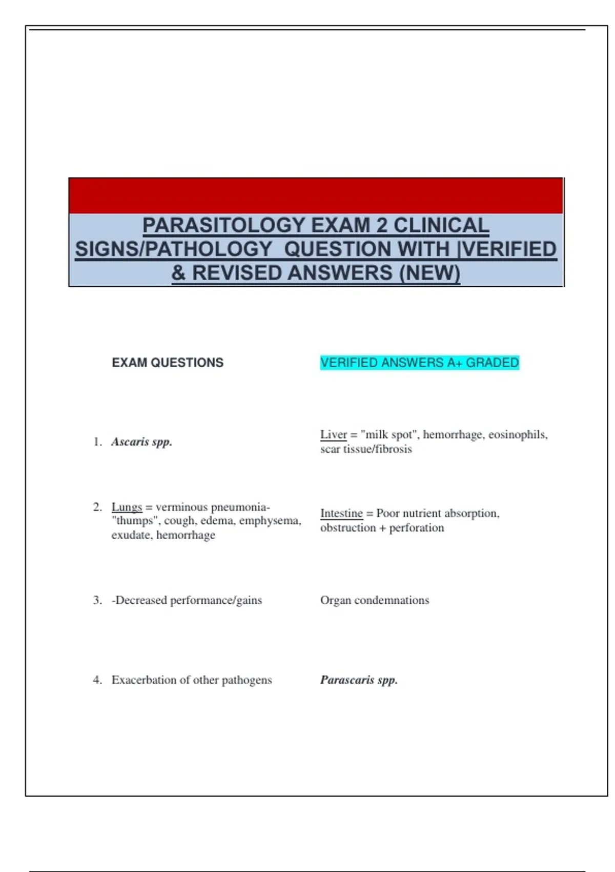 PARASITOLOGY EXAM 2 CLINICAL SIGNS/PATHOLOGY QUESTION WITH |VERIFIED ...