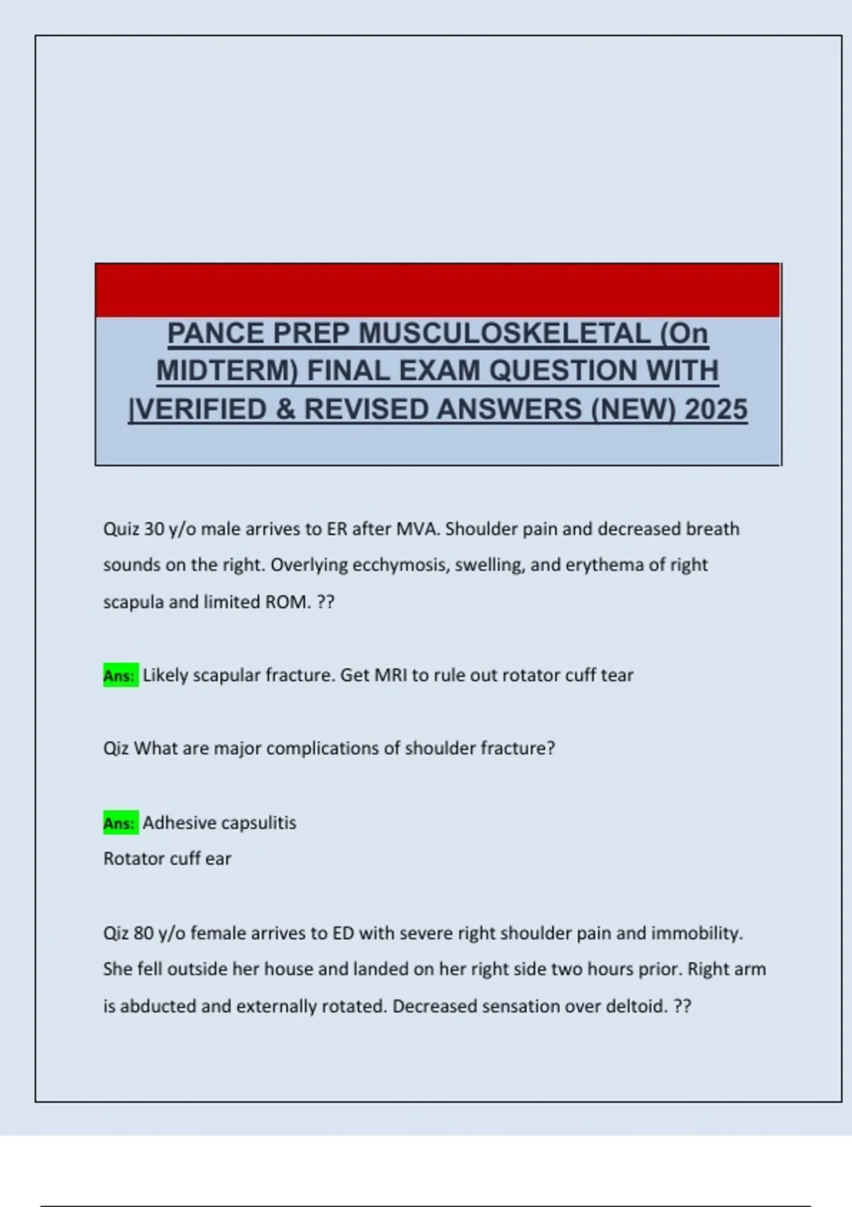 PANCE PREP MUSCULOSKELETAL (On MIDTERM) FINAL EXAM QUESTION WITH ...