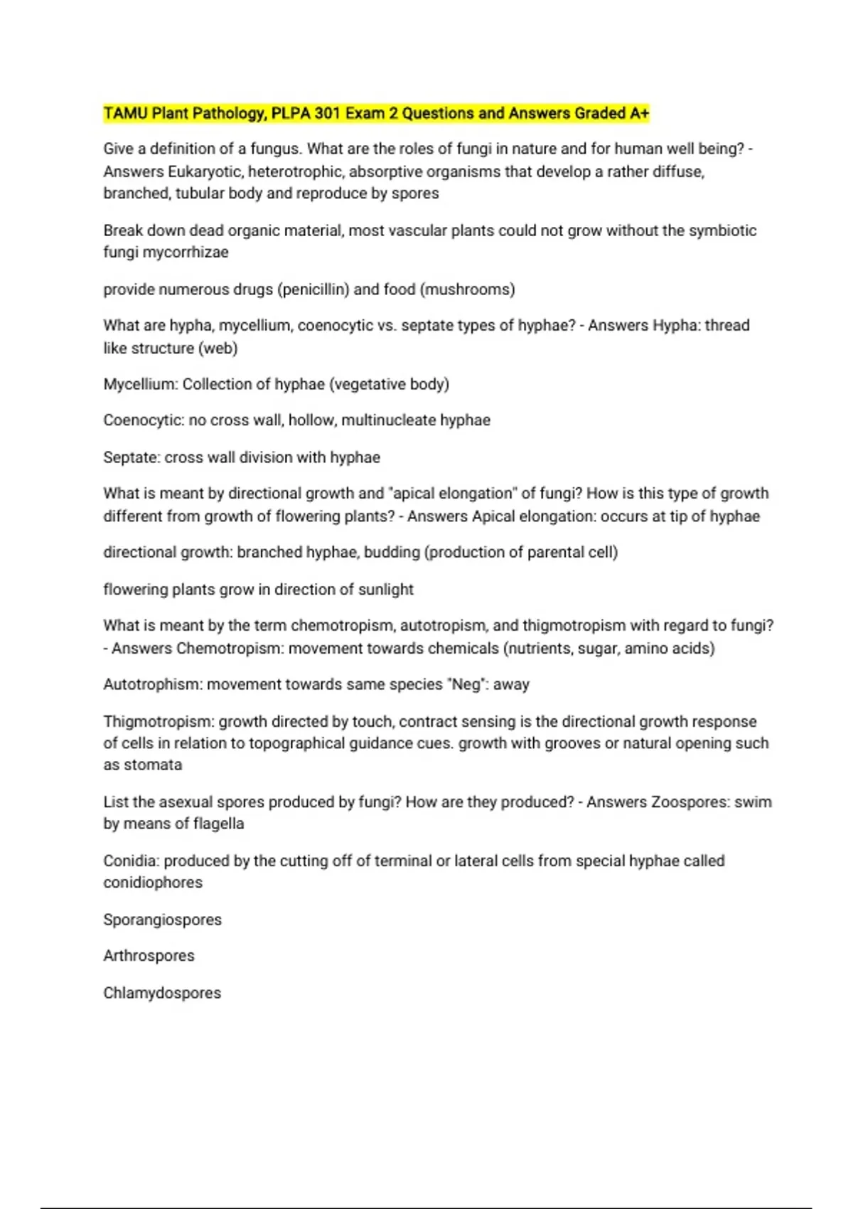 TAMU Plant Pathology, PLPA 301 Exam 2 Questions and Answers Graded A+ ...