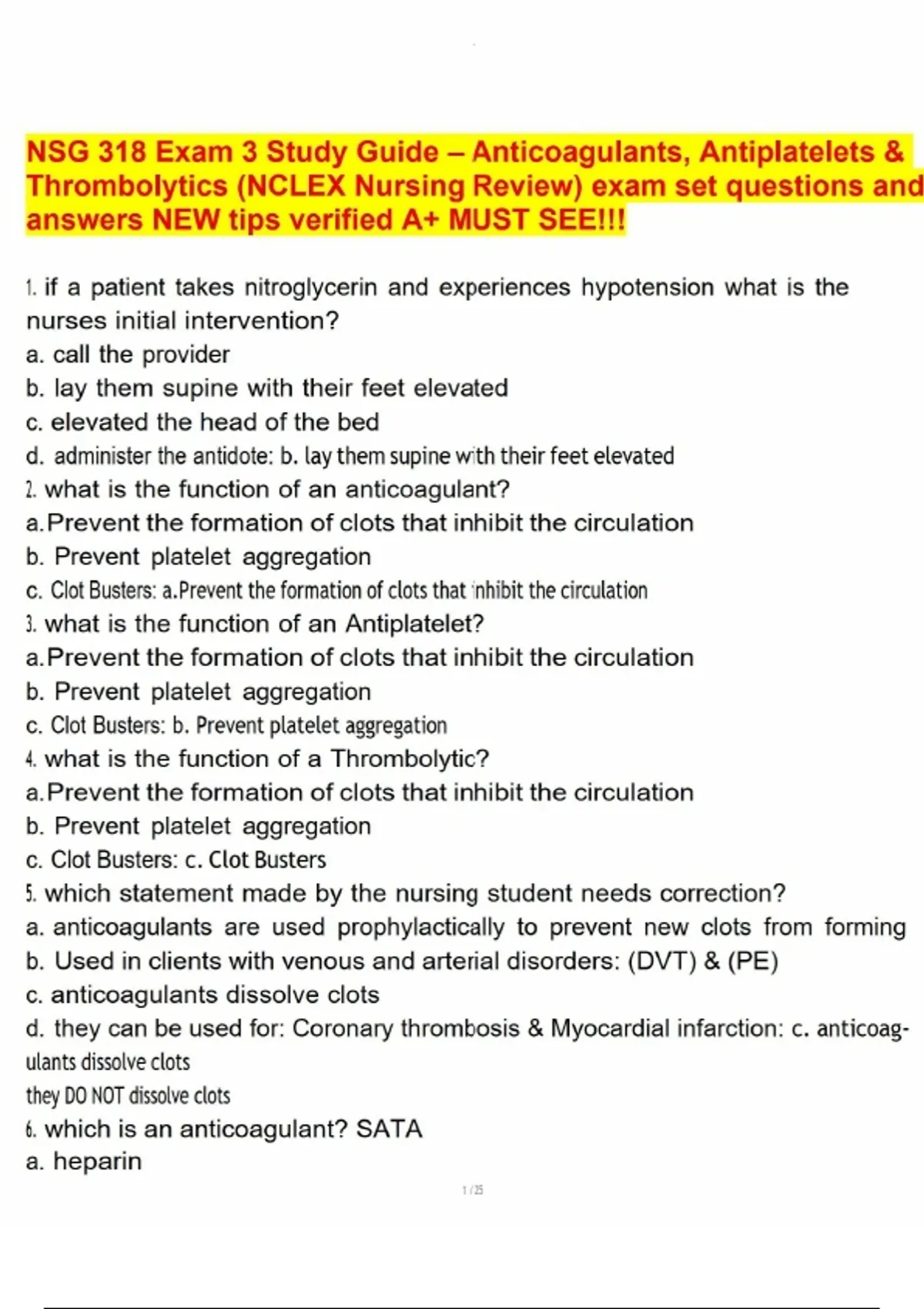 NSG 318 Exam 3 Study Guide – Anticoagulants, Antiplatelets ...