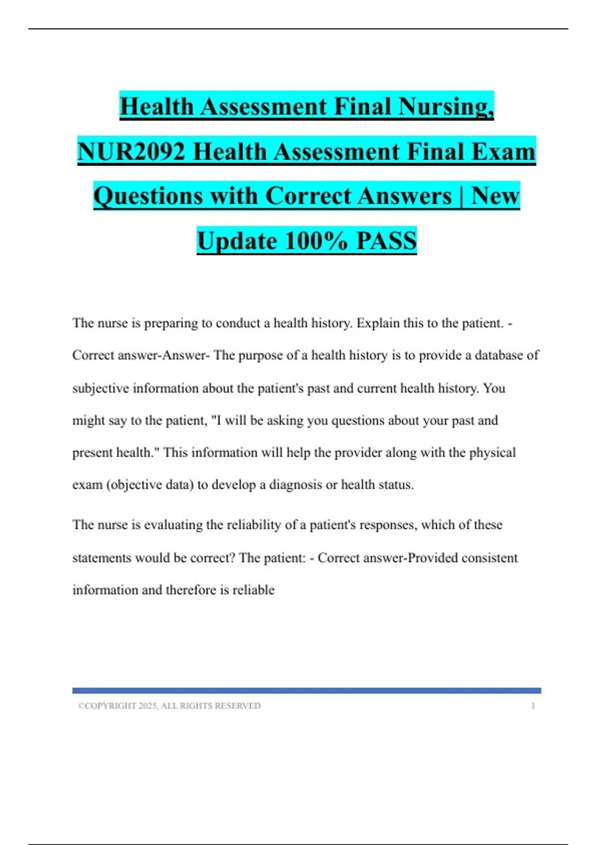 Health Assessment Final Nursing, NUR2092 Health Assessment Final Exam ...