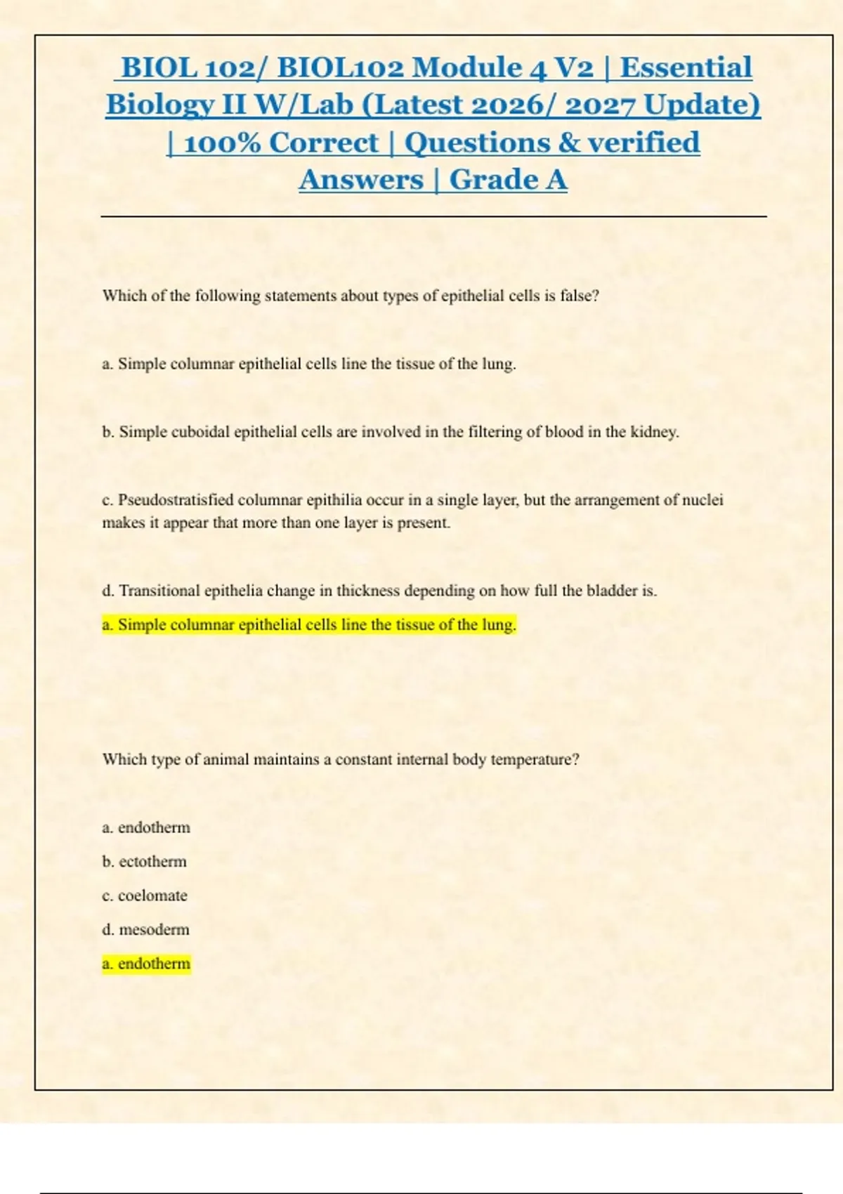 BIOL 102/ BIOL102 Module 4 V2 | Essential Biology II W/Lab (Latest 2026 ...