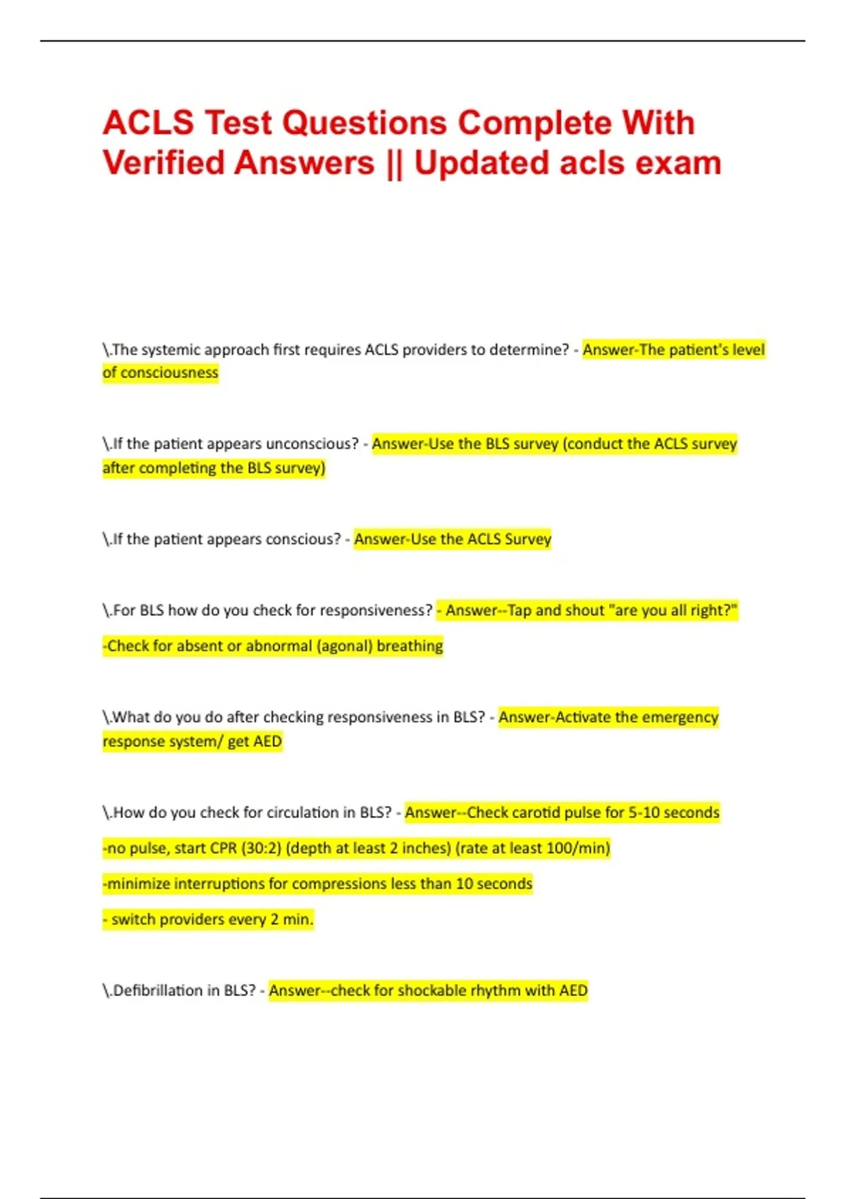 ACLS Test Questions Complete With Verified Answers || Updated acls exam ...