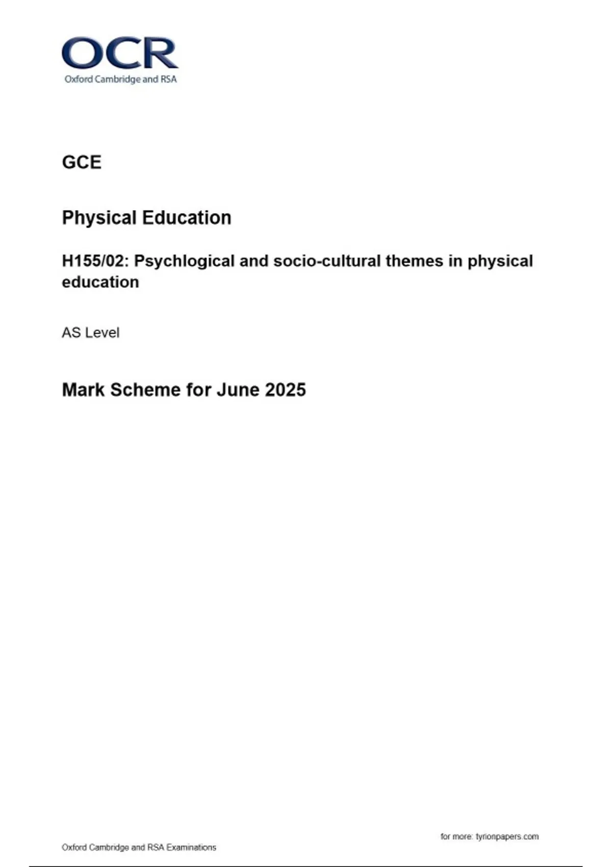 OCR AS Level Physical Education H155/02 JUNE 2025 QUESTION PAPER AND ...