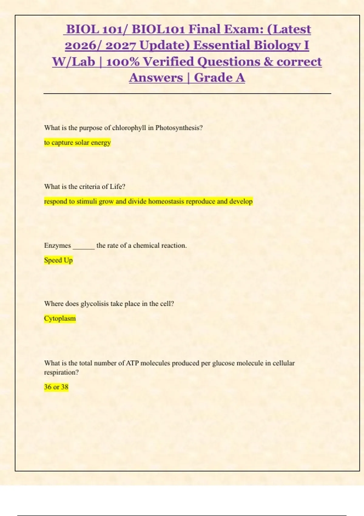 BIOL 101/ BIOL101 Final Exam: (Latest 2026/ 2027 Update) Essential ...