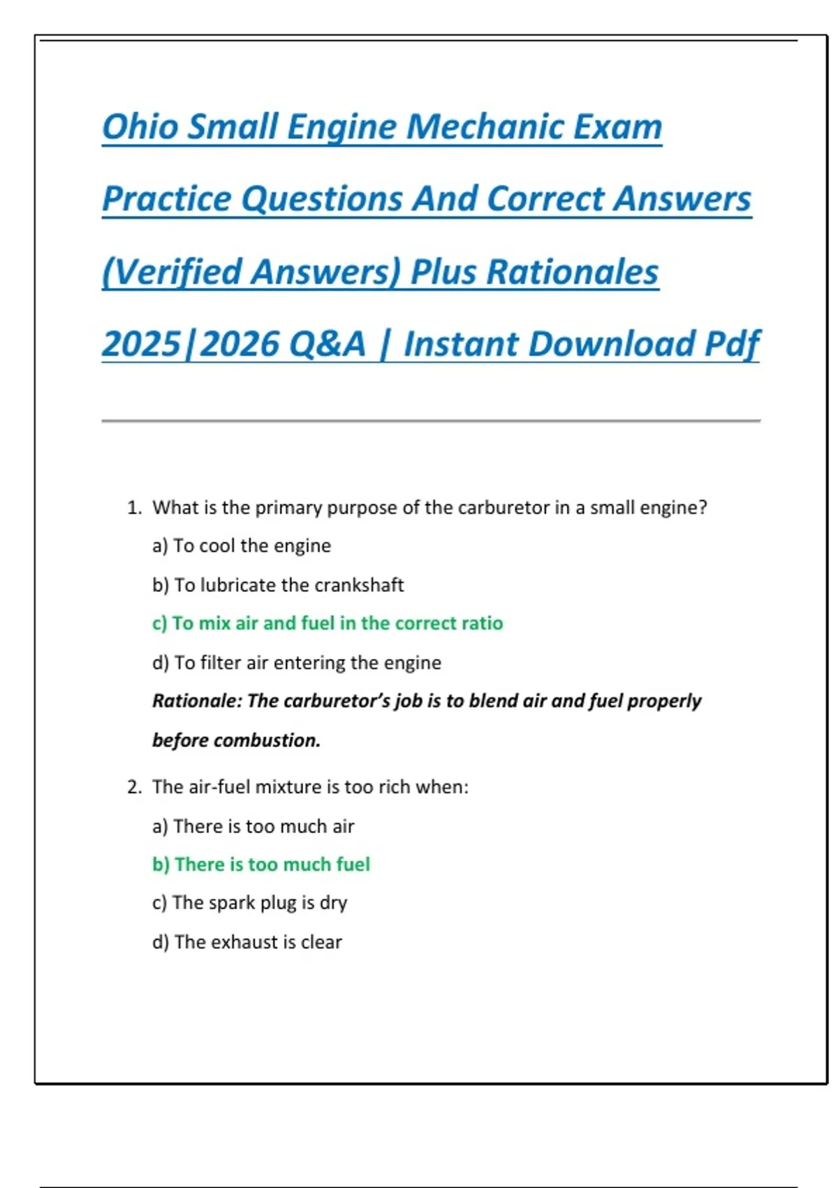 Ohio Small Engine Mechanic Exam Practice Questions And Correct Answers ...