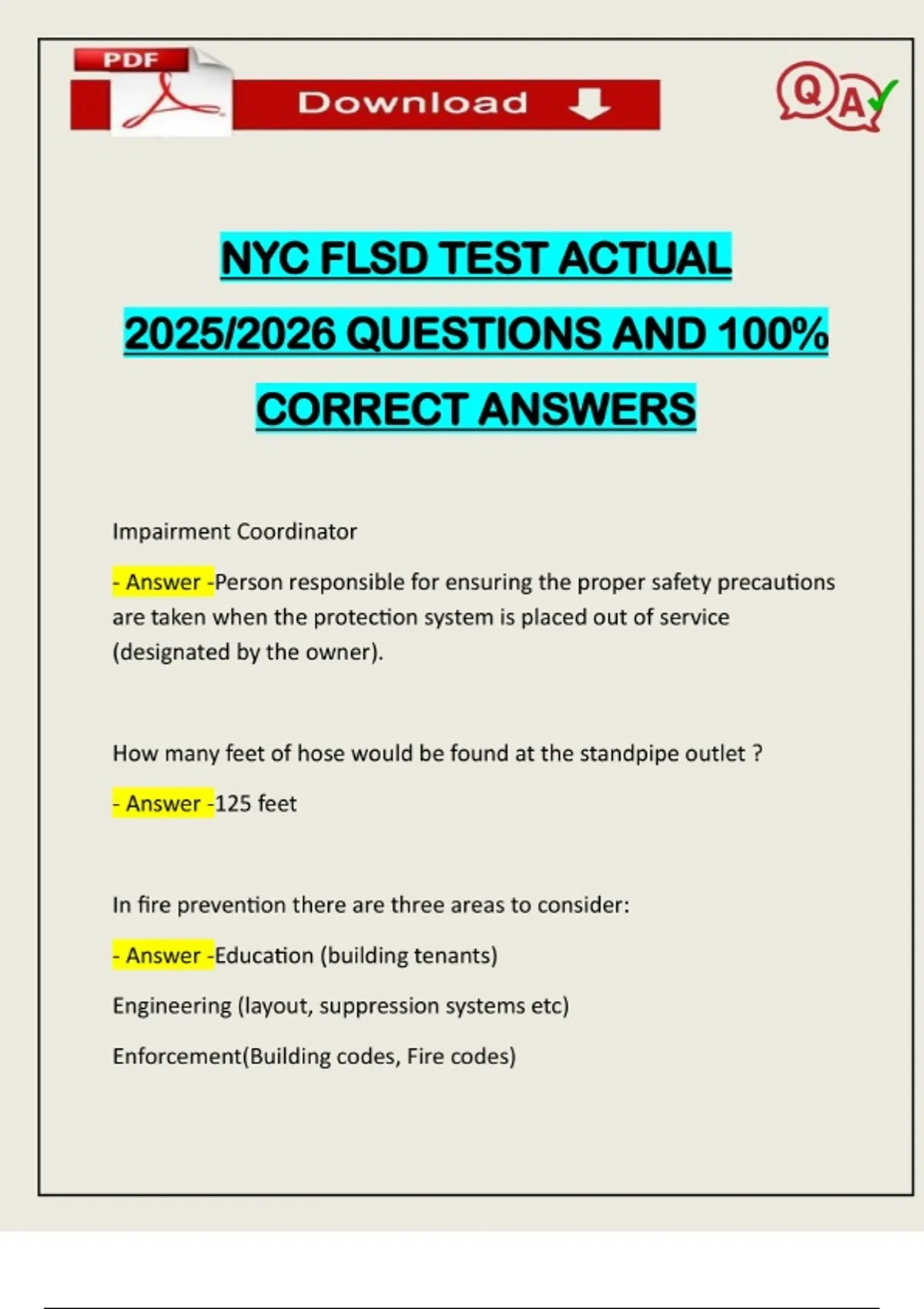 NYC FLSD TEST ACTUAL 2025/2026 QUESTIONS AND 100% CORRECT ANSWERS - NYC ...