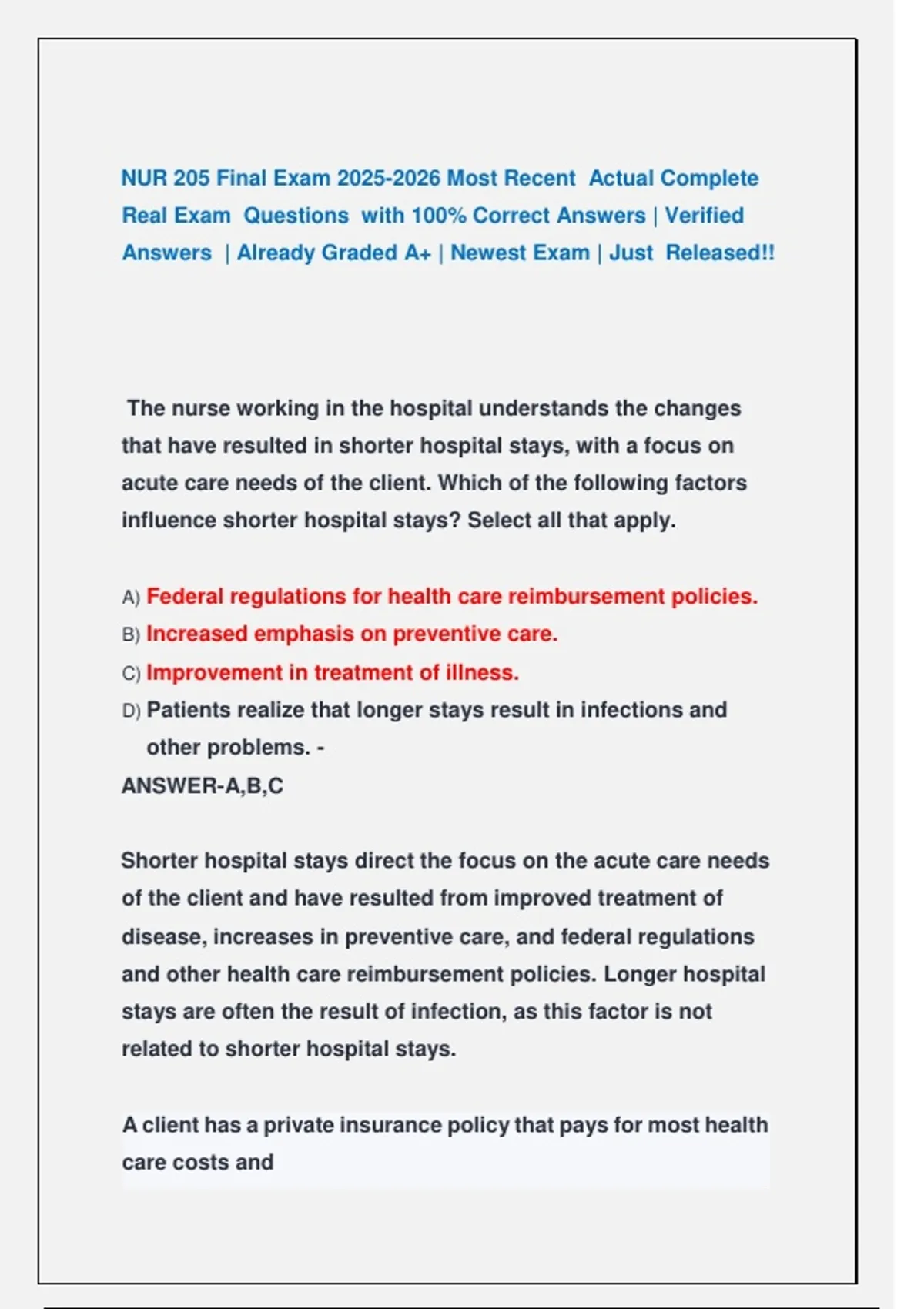 NUR 205 Final Exam Most Recent Actual Complete Real Exam Questions with ...