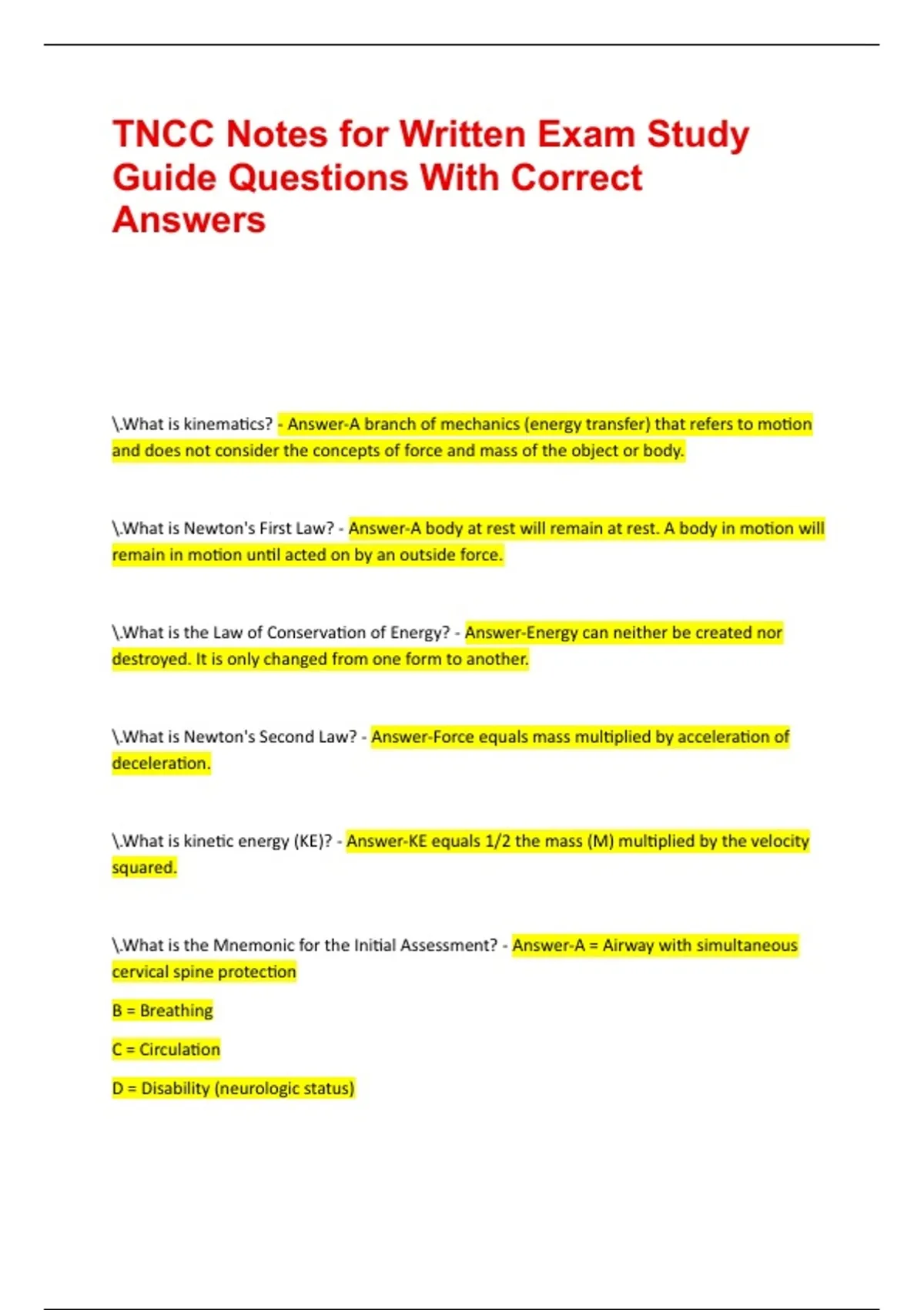 TNCC Notes for Written Exam Study Guide Questions With Correct Answers ...