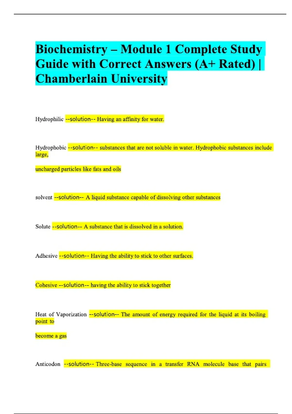 Biochemistry – Module 1 Complete Study Guide with Correct Answers (A+ ...