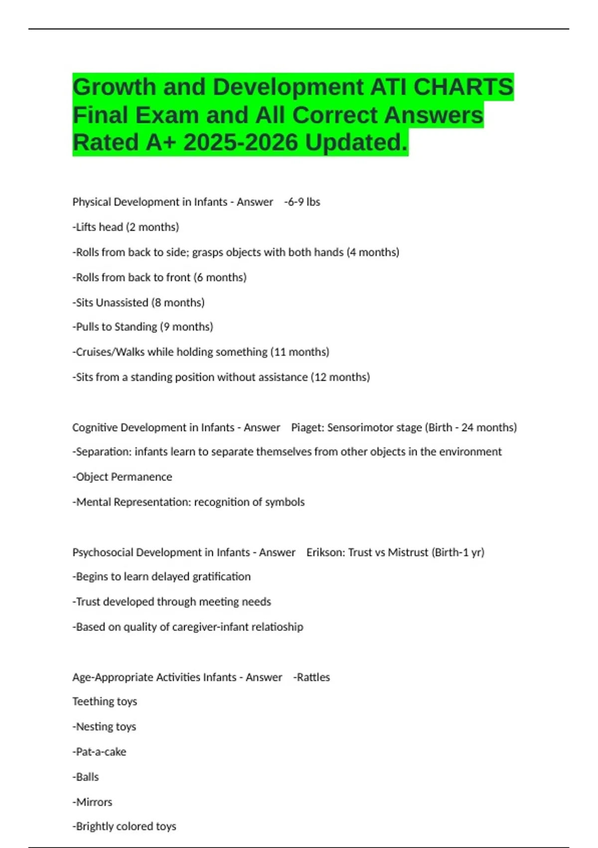 Growth and Development ATI CHARTS Final Exam and All Correct Answers ...