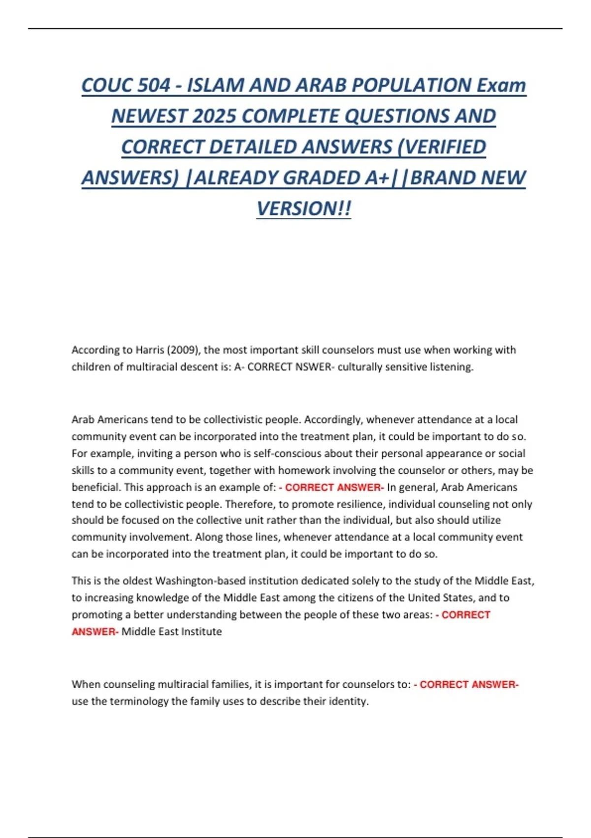 COUC 504 Exam – Islam and Arab Population Study Guide & Practice ...