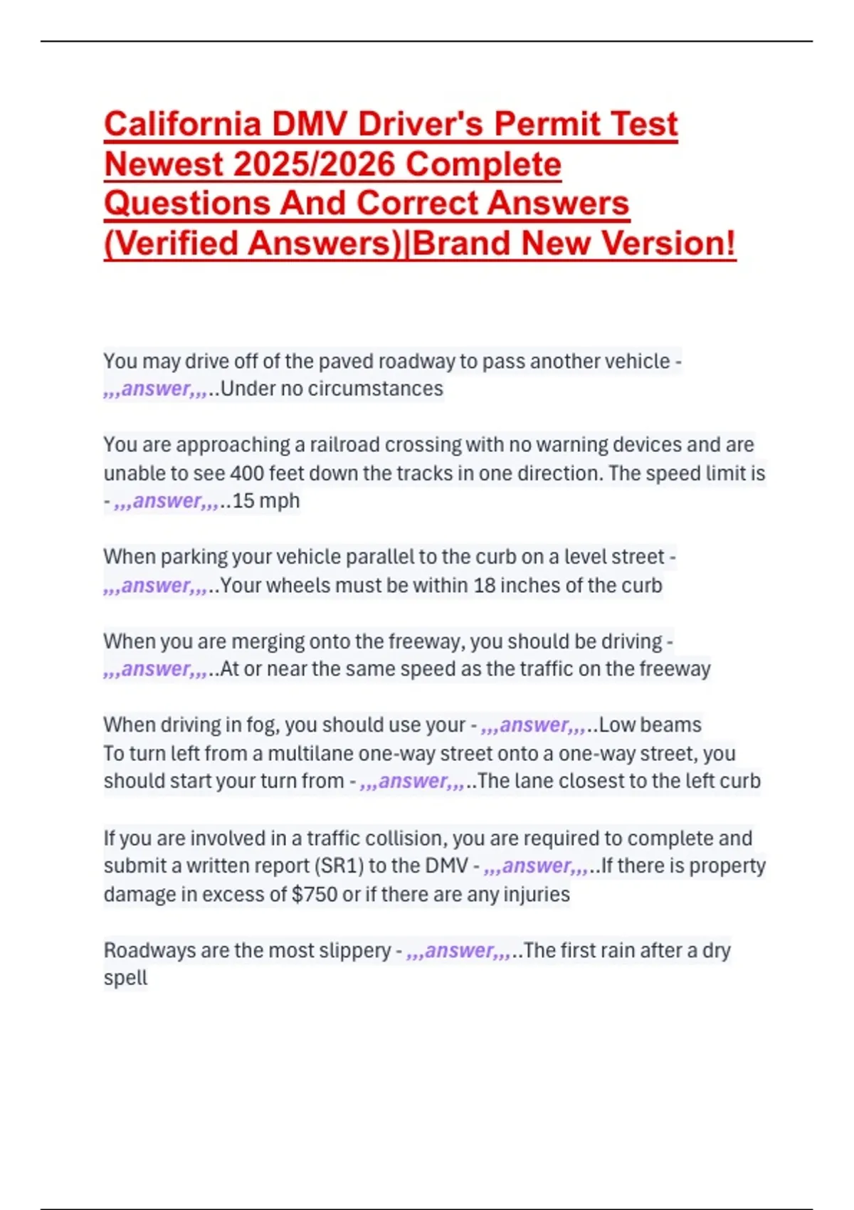 California DMV Driver's Permit Test Newest 2025/2026 Complete Questions ...
