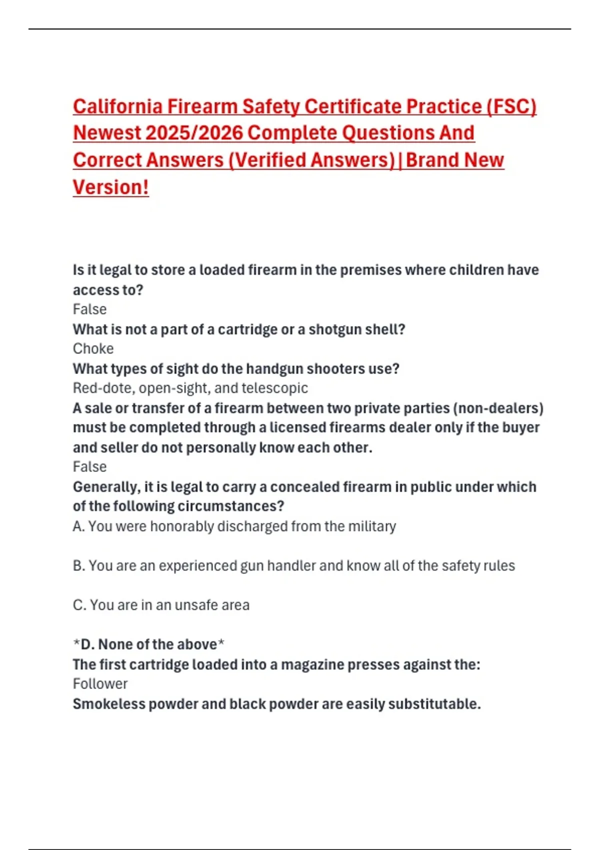 California Firearm Safety Certificate Practice (FSC) Newest 2025/2026 ...